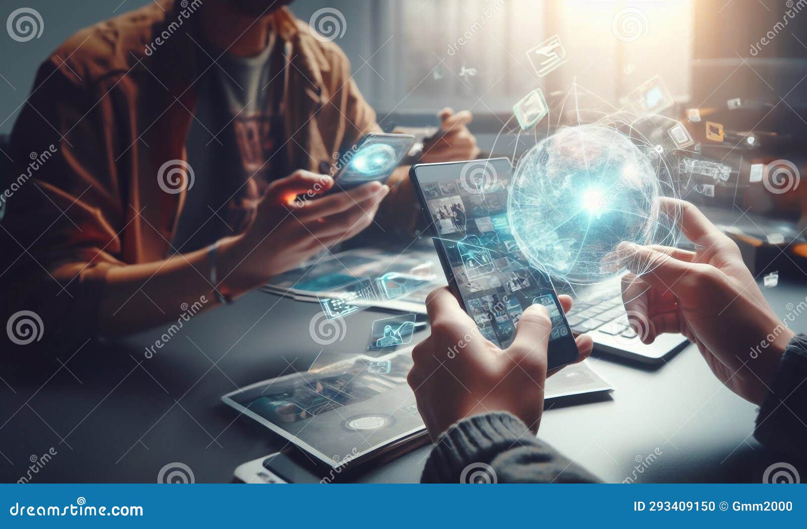 People Using Mobile Phones with Holographic Graphics on Internet ...