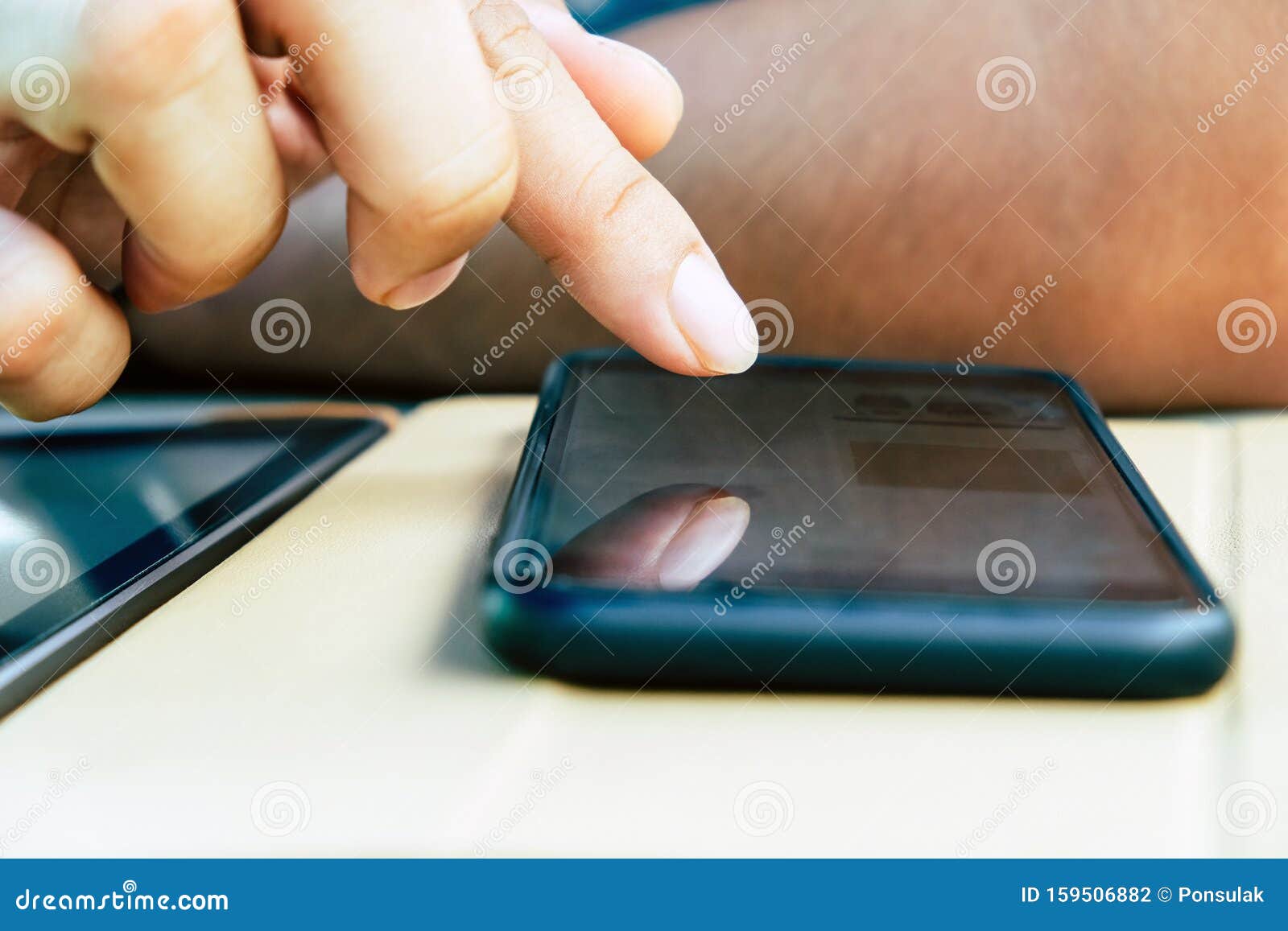 People using a smartphone. stock photo. Image of device - 159506882