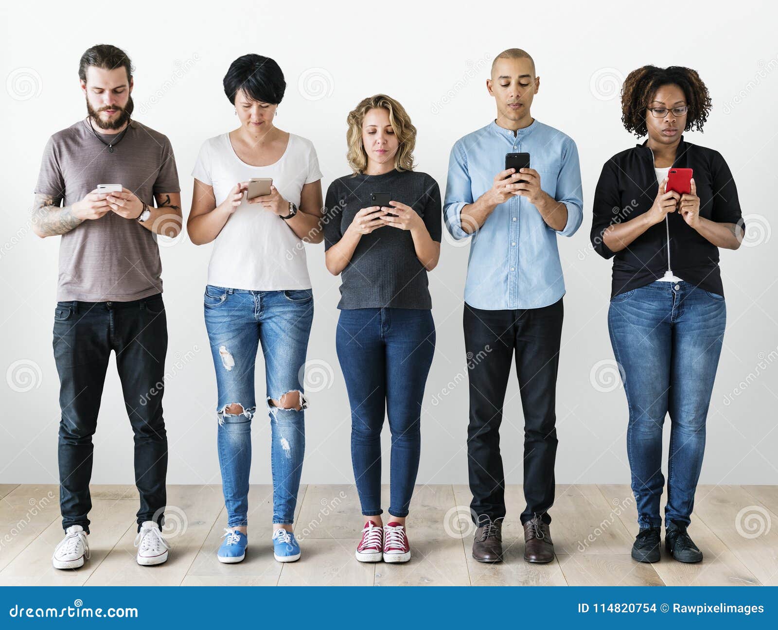 People Using Smartphone Together in Line Stock Photo - Image of ...