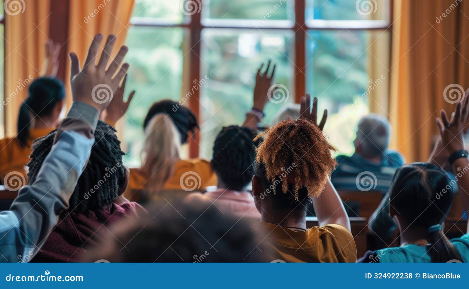 People of Various Ethnicities Raising Their Hands in a Classroom, Eager ...