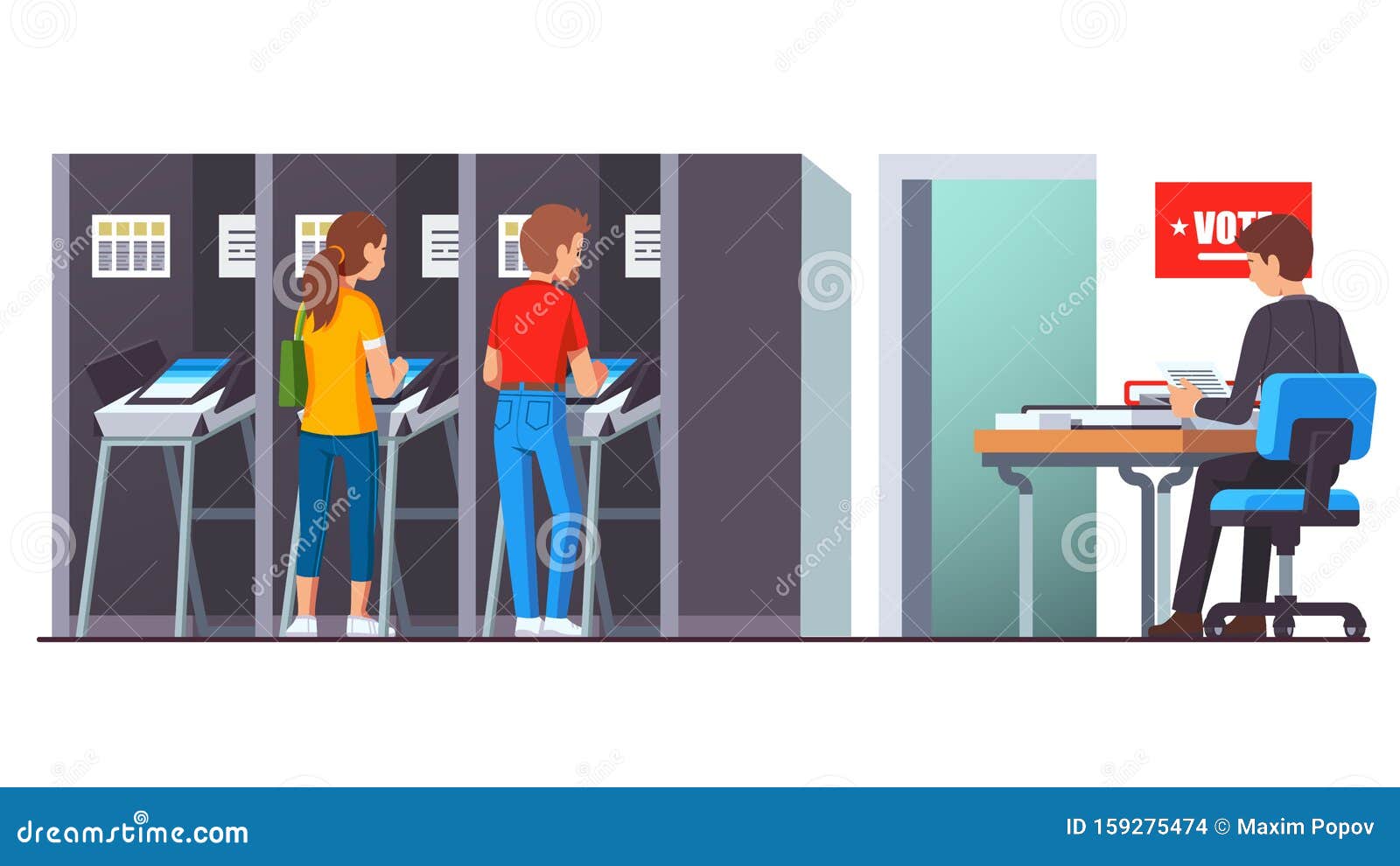 People Voting at Voting Station Standing in Booth Stock Vector ...