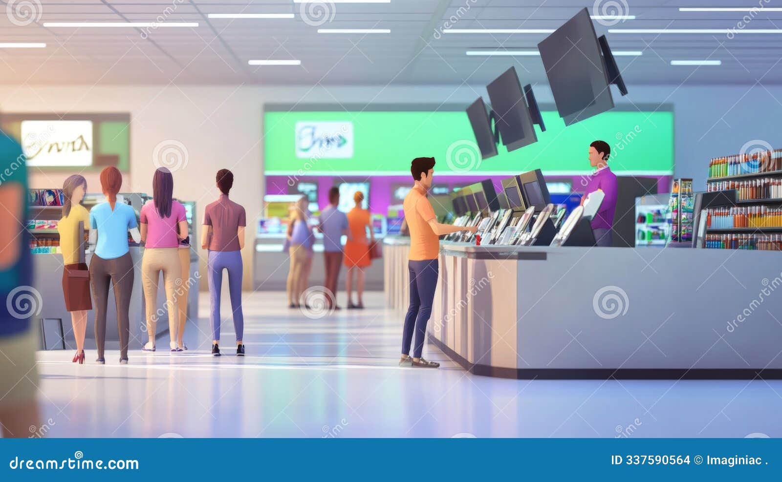 People Waiting in Line at a Modern Store Checkout Stock Illustration ...