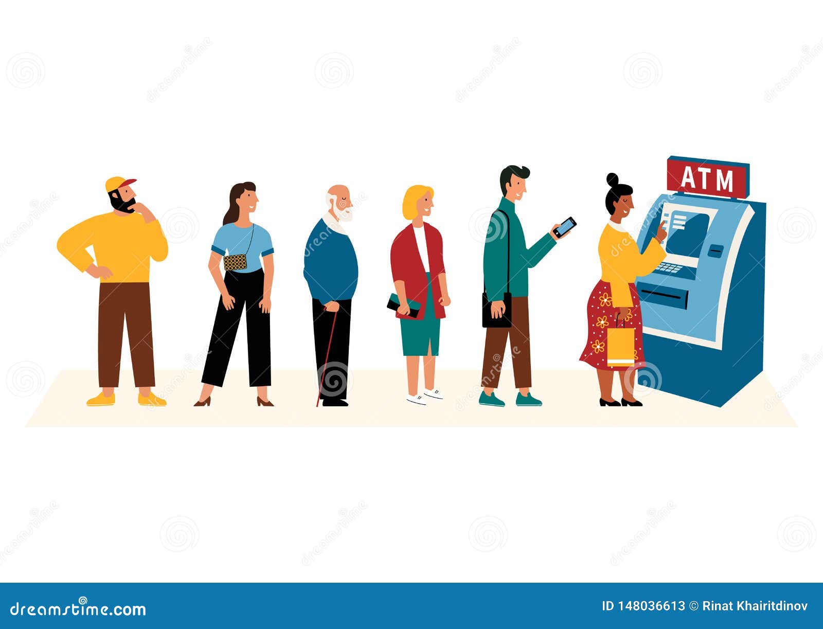 People Waiting in Line Near Atm Machine. Flat Cartoon Vector ... People Waiting in Line Near Atm Machine. Flat Cartoon Vector ...