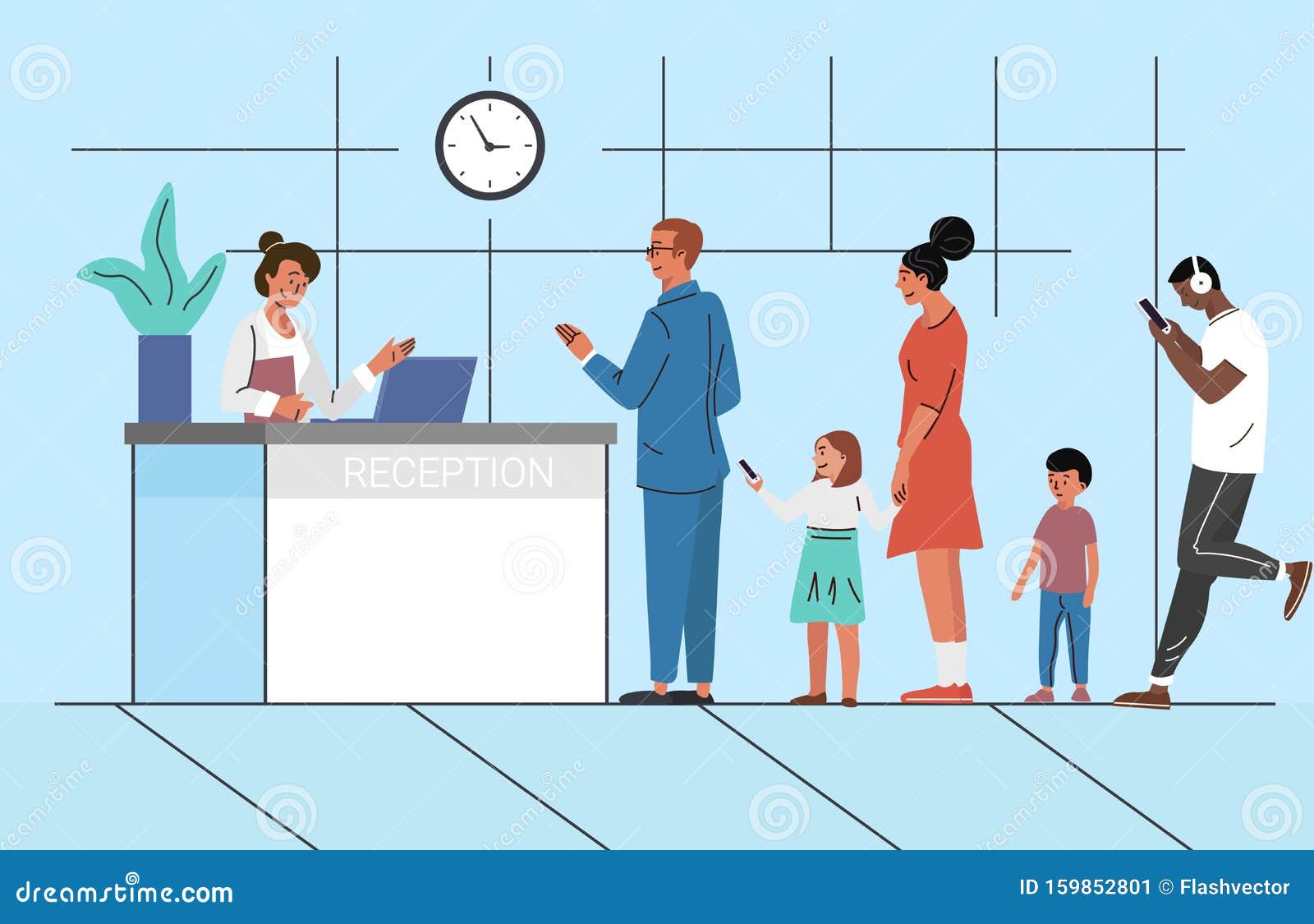 Bank Reception Interior. Woker Standing At The Counter Vector ...