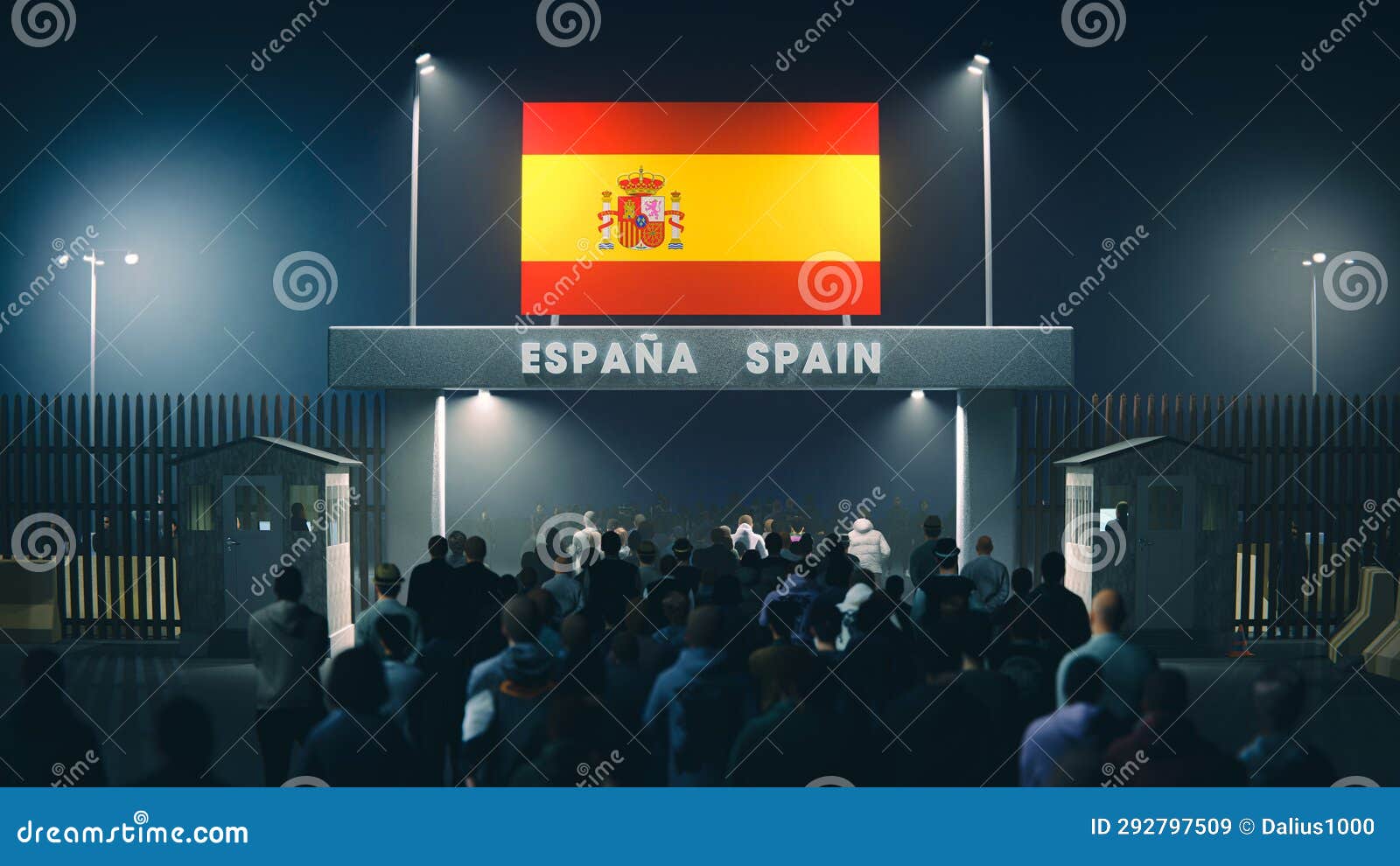 People Walk through the Border Checkpoint Gate To Spain at Night - 3D ...