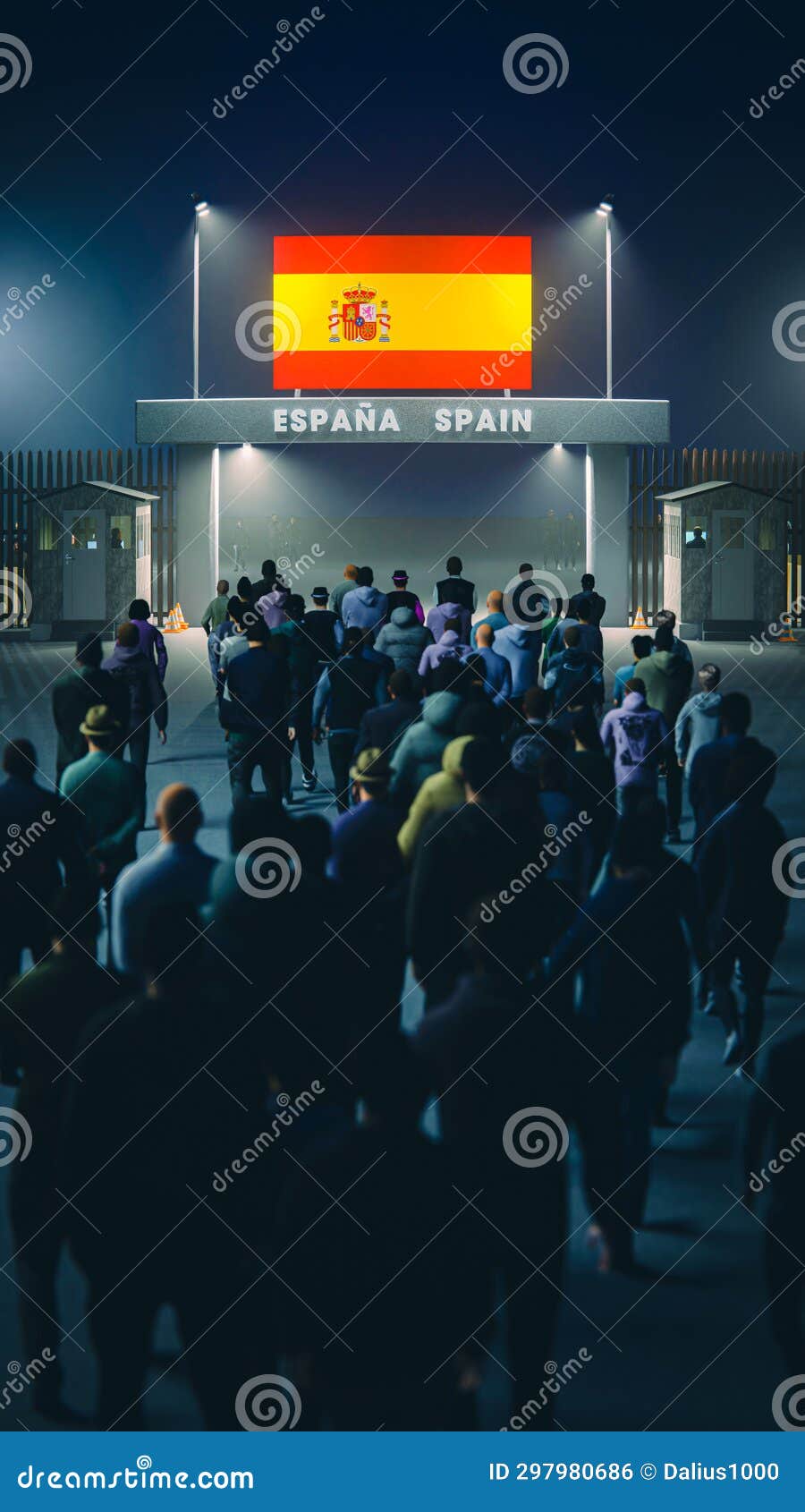 People Walk through the Border Checkpoint Gate To Spain at Night - 3D ...