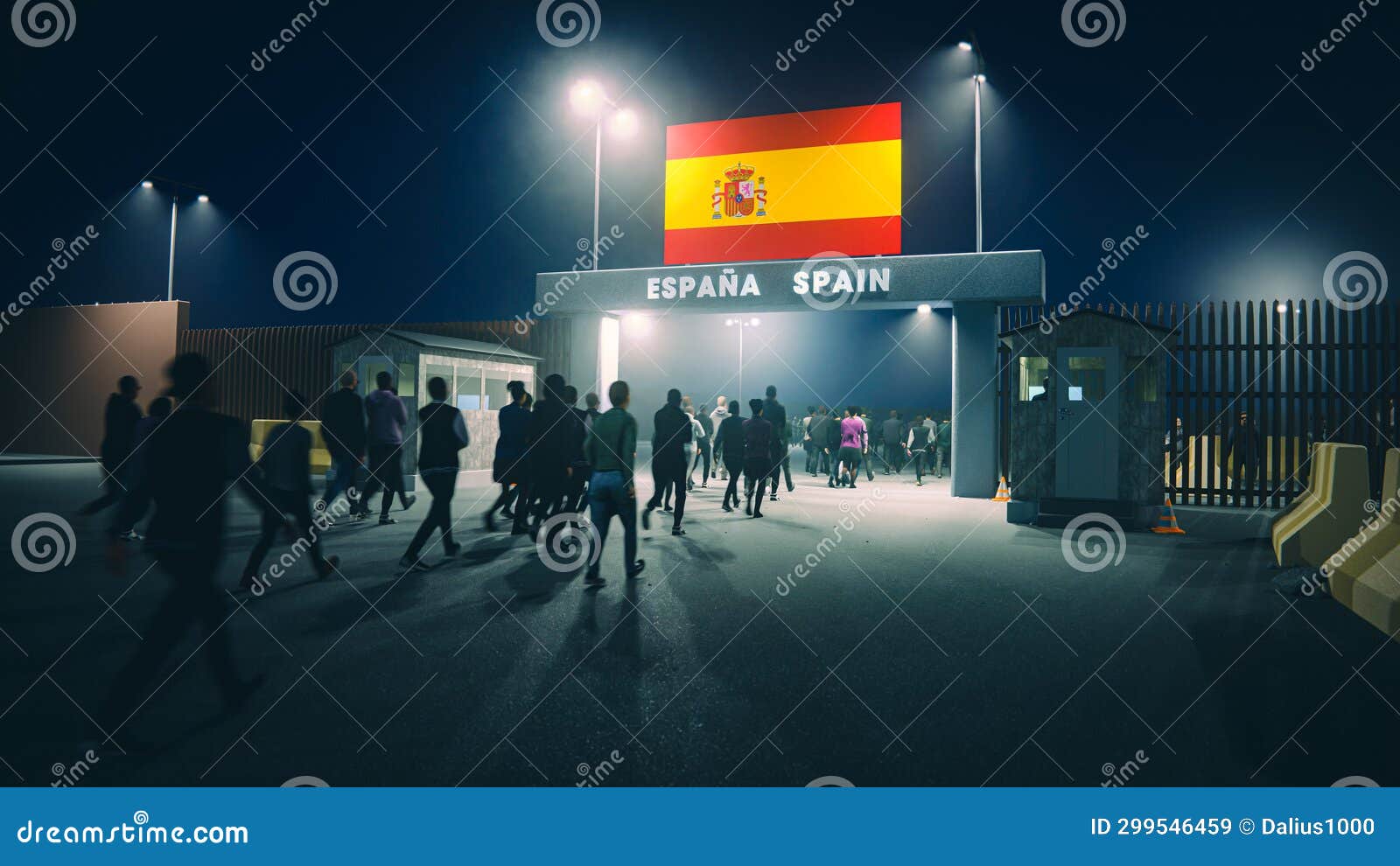 People Walk through the Border Checkpoint Gate To Spain at Night - 3D ...