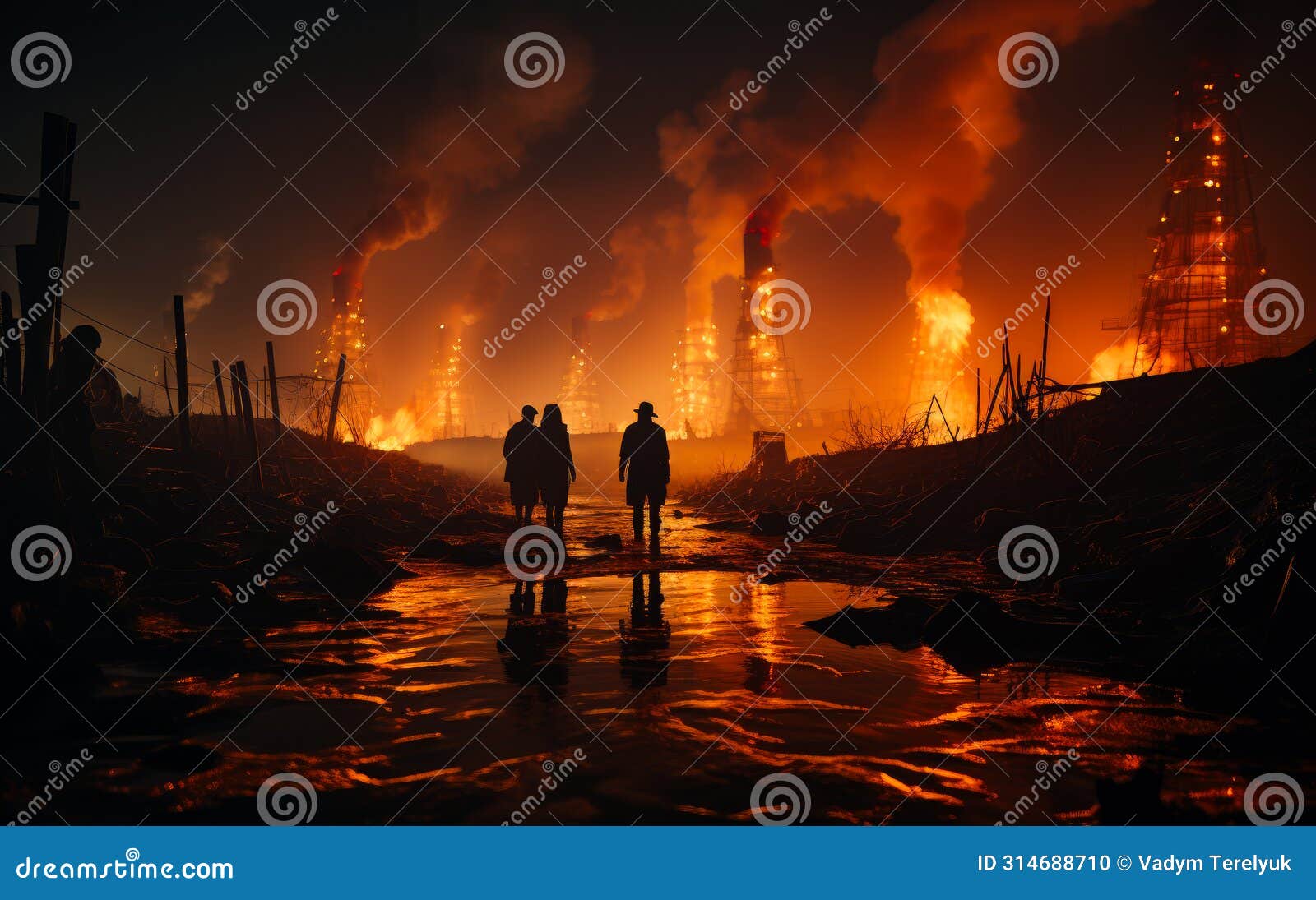 People Walk through the Burning City at Night Stock Photo - Image of ...