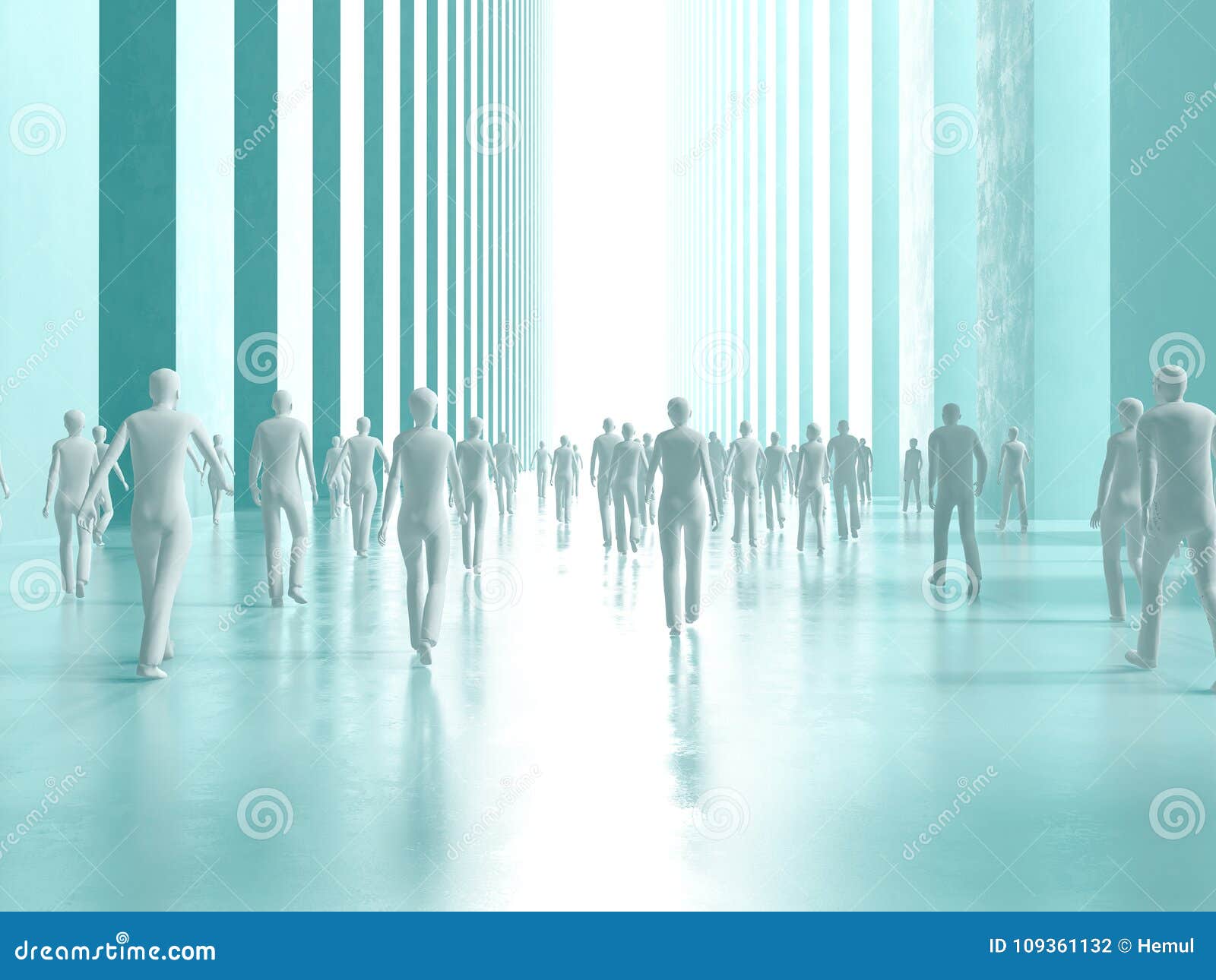 People Walk the Corridor with Columns To the Light 3D Rendering Stock ...