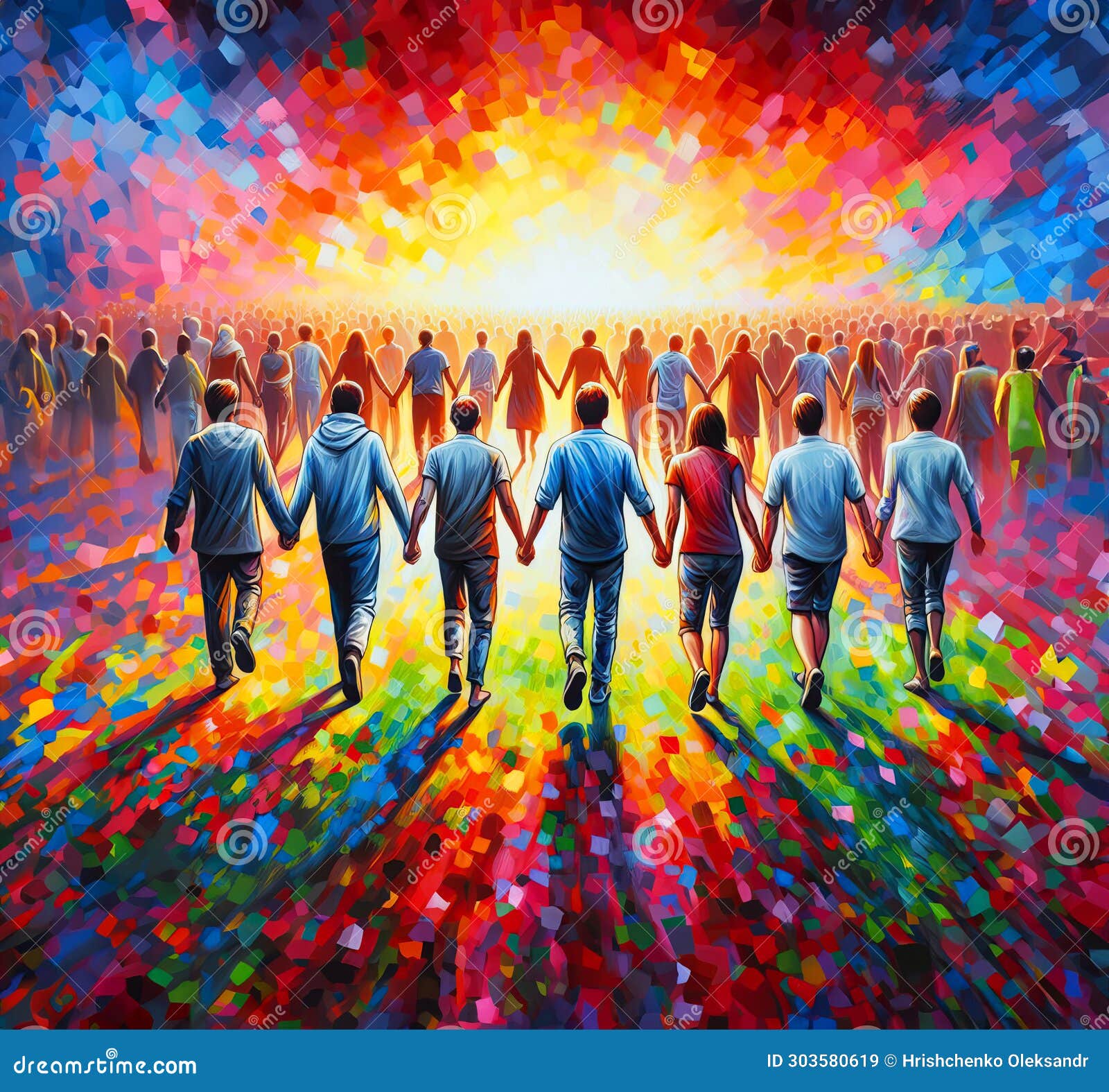 People Walk Hand in Hand in a Bright and Colorful Shining World Stock ...