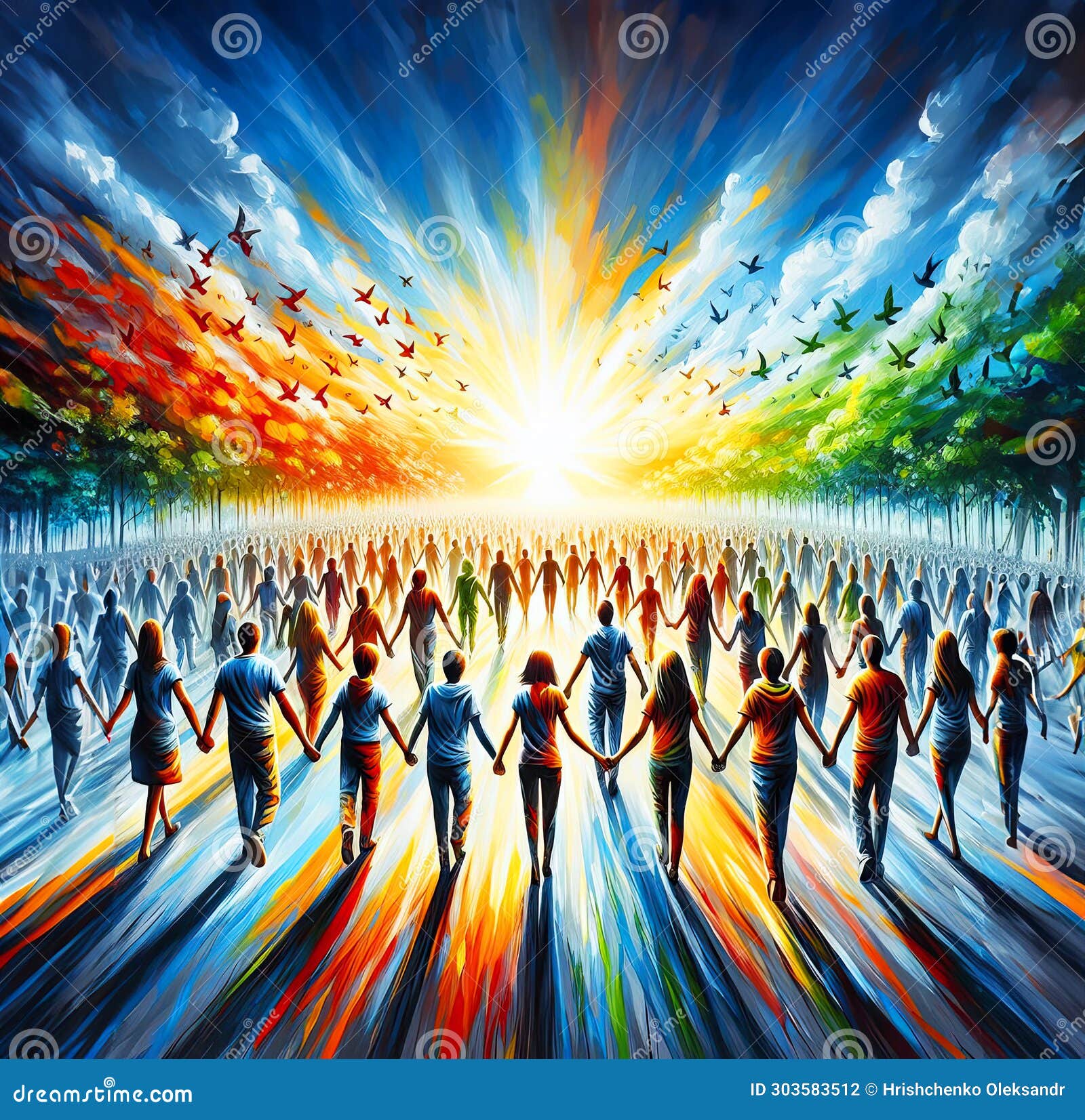 People Walk Hand in Hand in a Bright and Colorful Shining World Stock ...