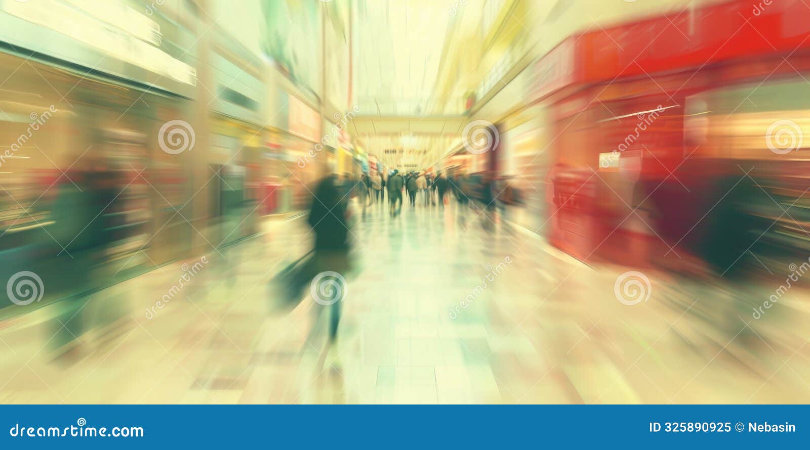 People Walk through a Shopping Mall with a Red Storefront on the Right ...