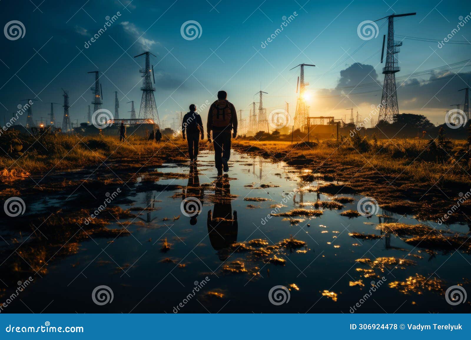 People Walk through Solar Panel. Two People Walking through Puddle at ...