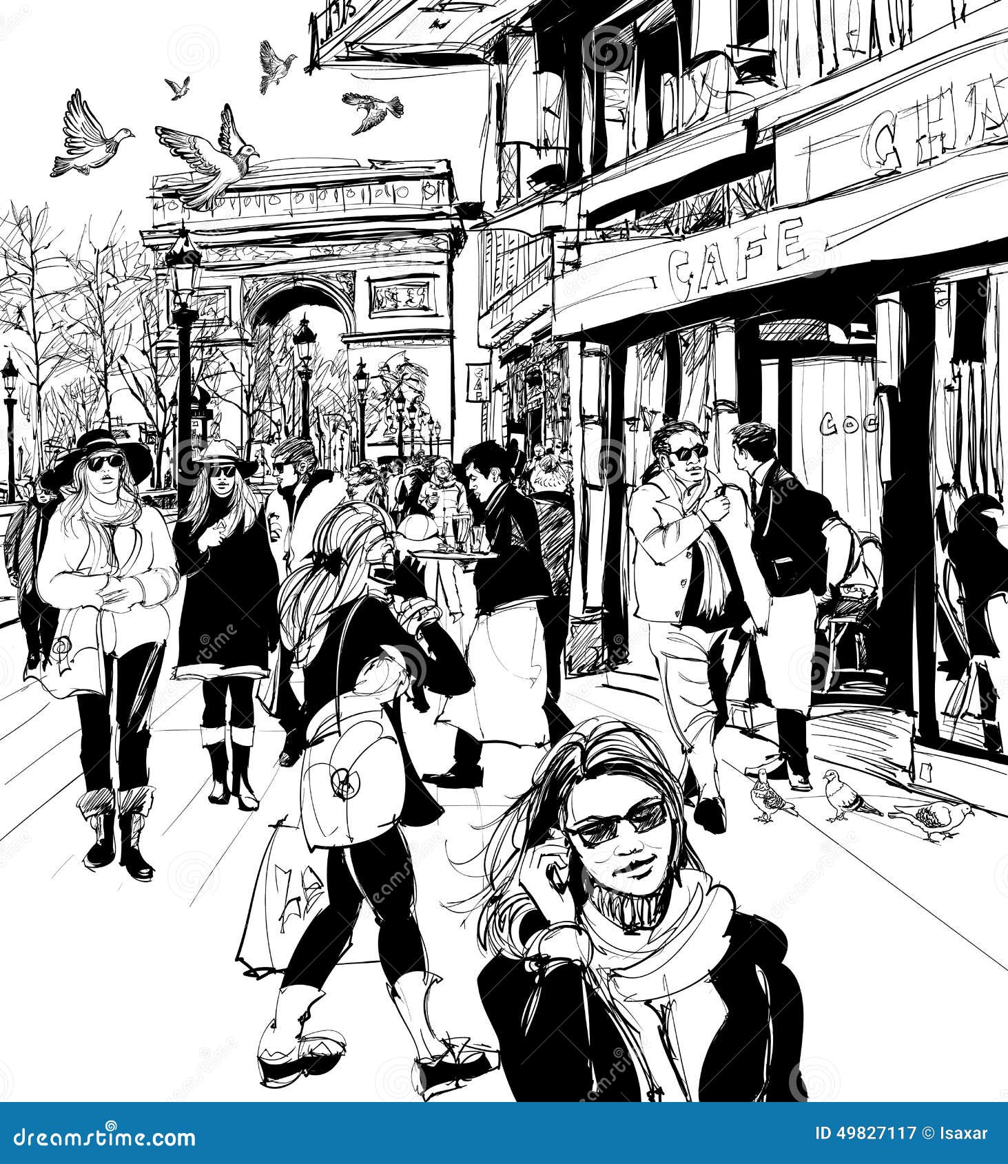 People Walking at the Champs-Elysees Avenue in Paris Stock Illustration ...