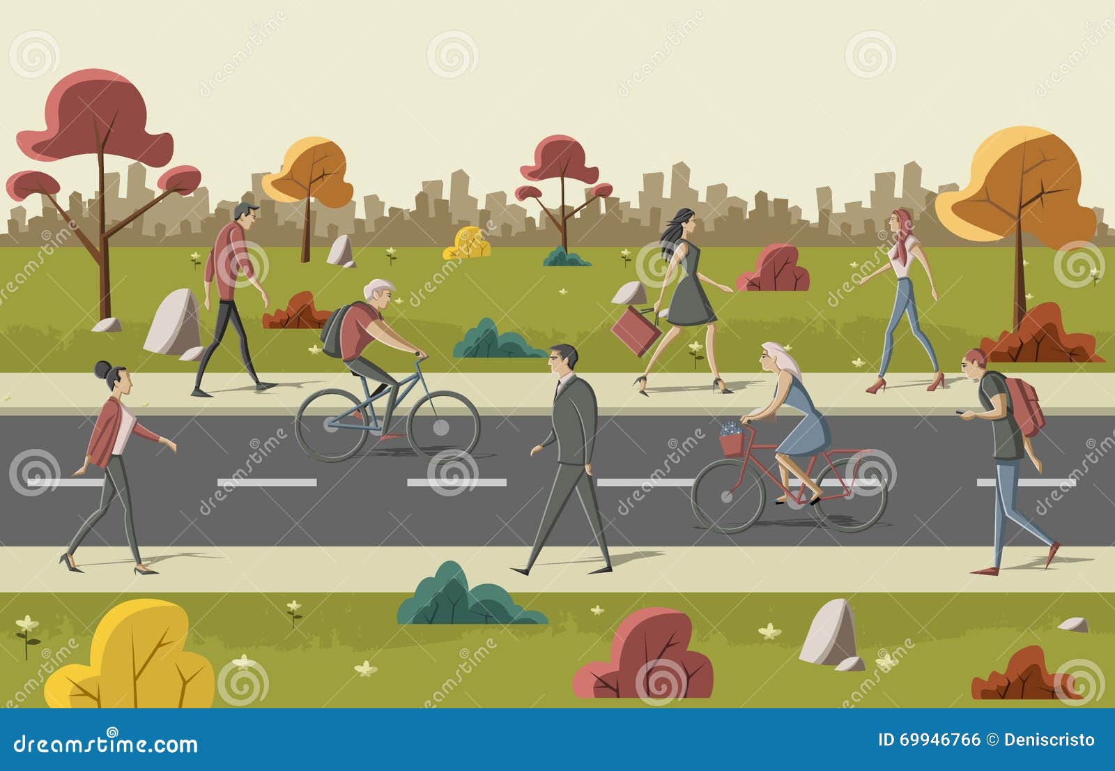 Cartoon People Walking Down Street