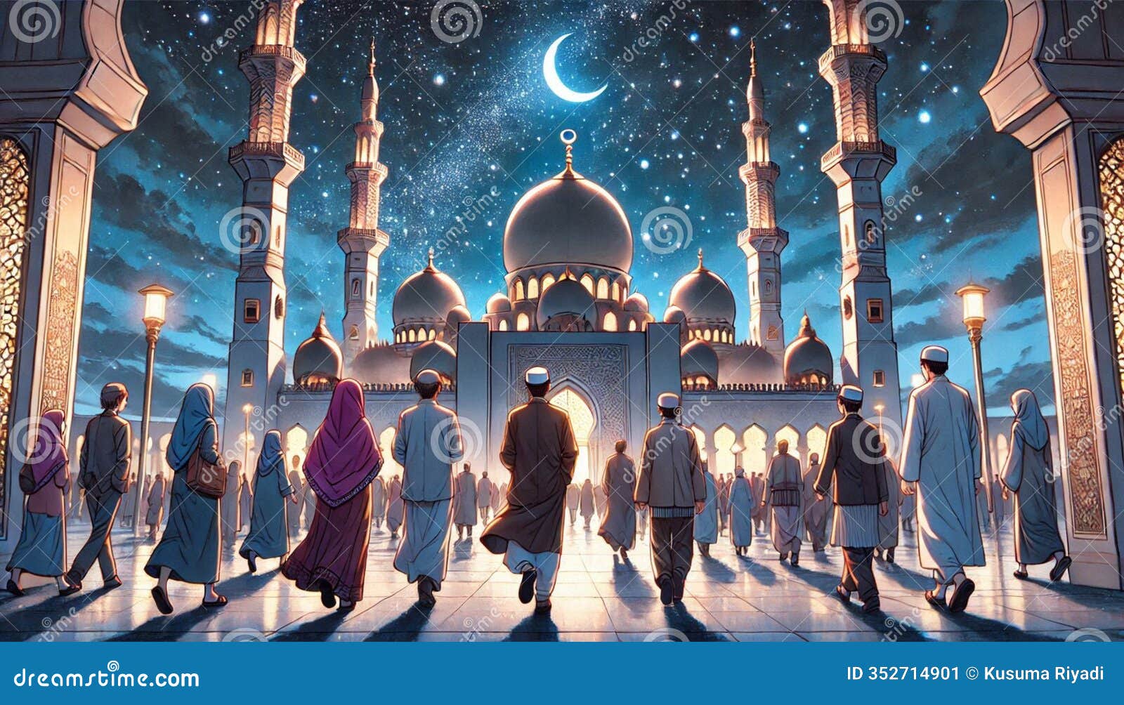 People Walking Towards the Big Mosque Stock Image - Image of walking ...