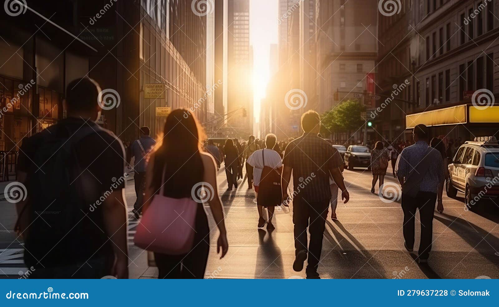 People Walking from the Work at the Street in City at Sunset Time ...
