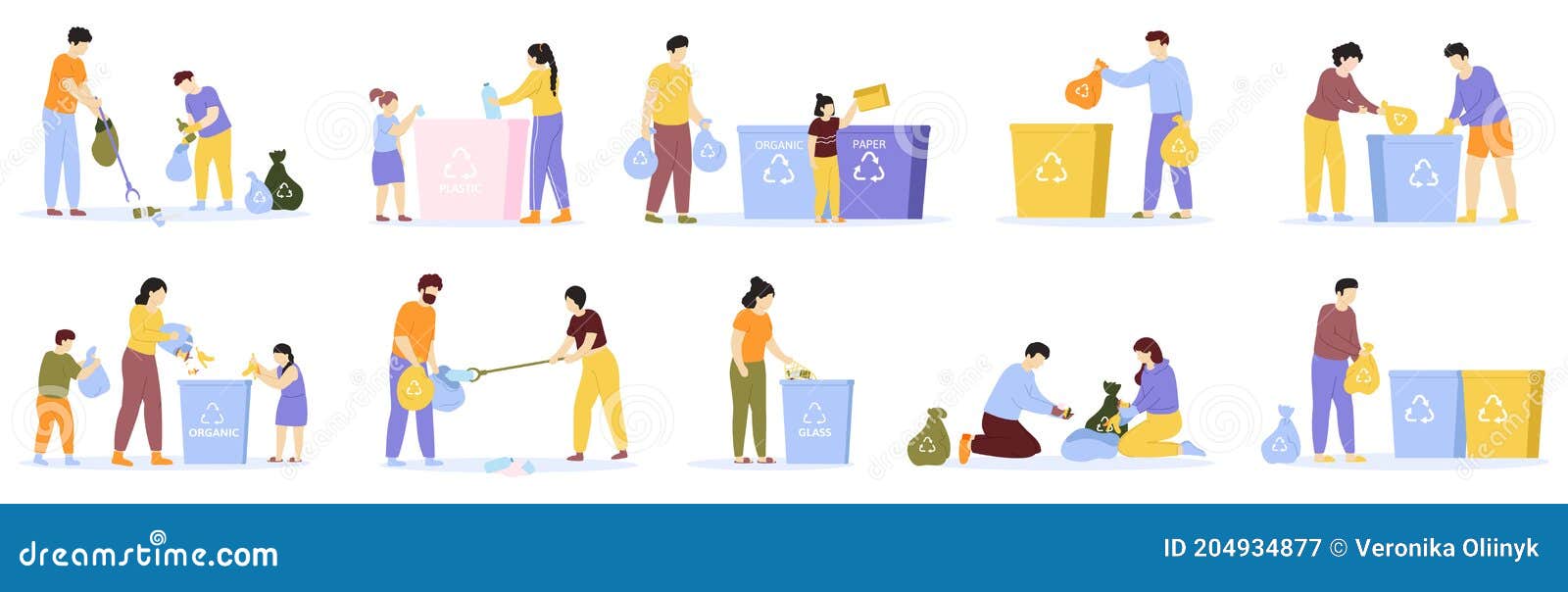 People Waste Sorting. Family with Kids Sorting Recycling Garbage ...