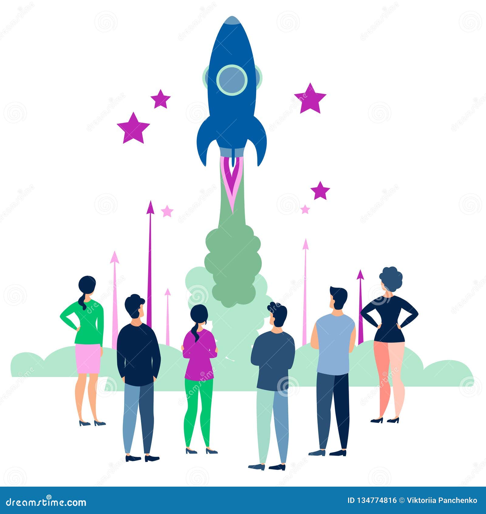 People Are Watching The Take Off Of A Space Rocket. Flat In Minimalist ...