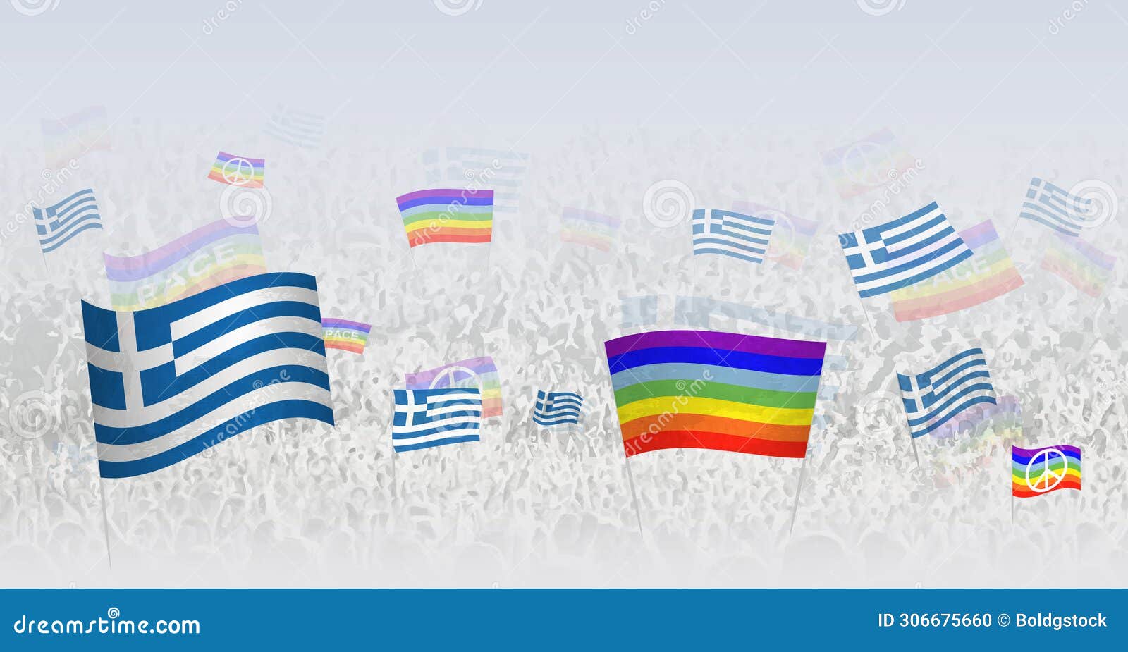 People Waving Peace Flags and Flags of Greece. Illustration of Throng ...