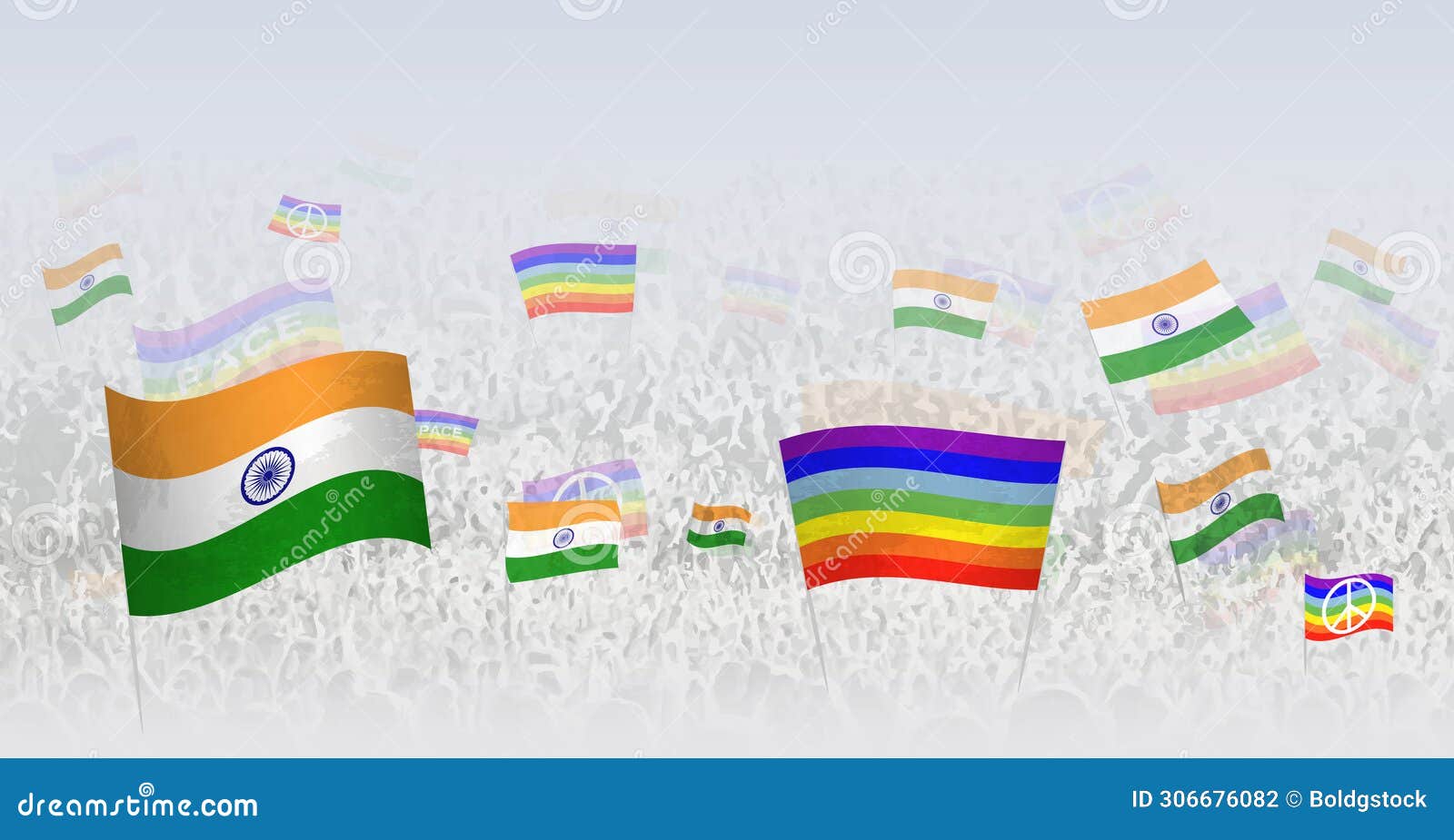 People Waving Peace Flags And Flags Of India. Illustration Of Throng ...