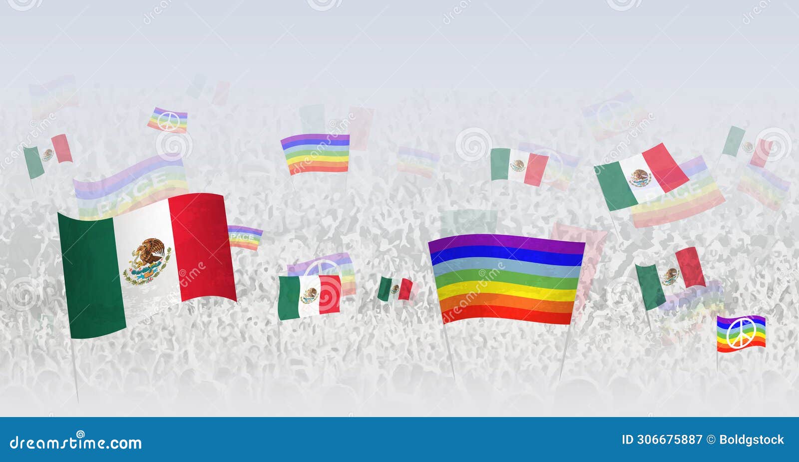 People Waving Peace Flags and Flags of Mexico. Illustration of Throng ...