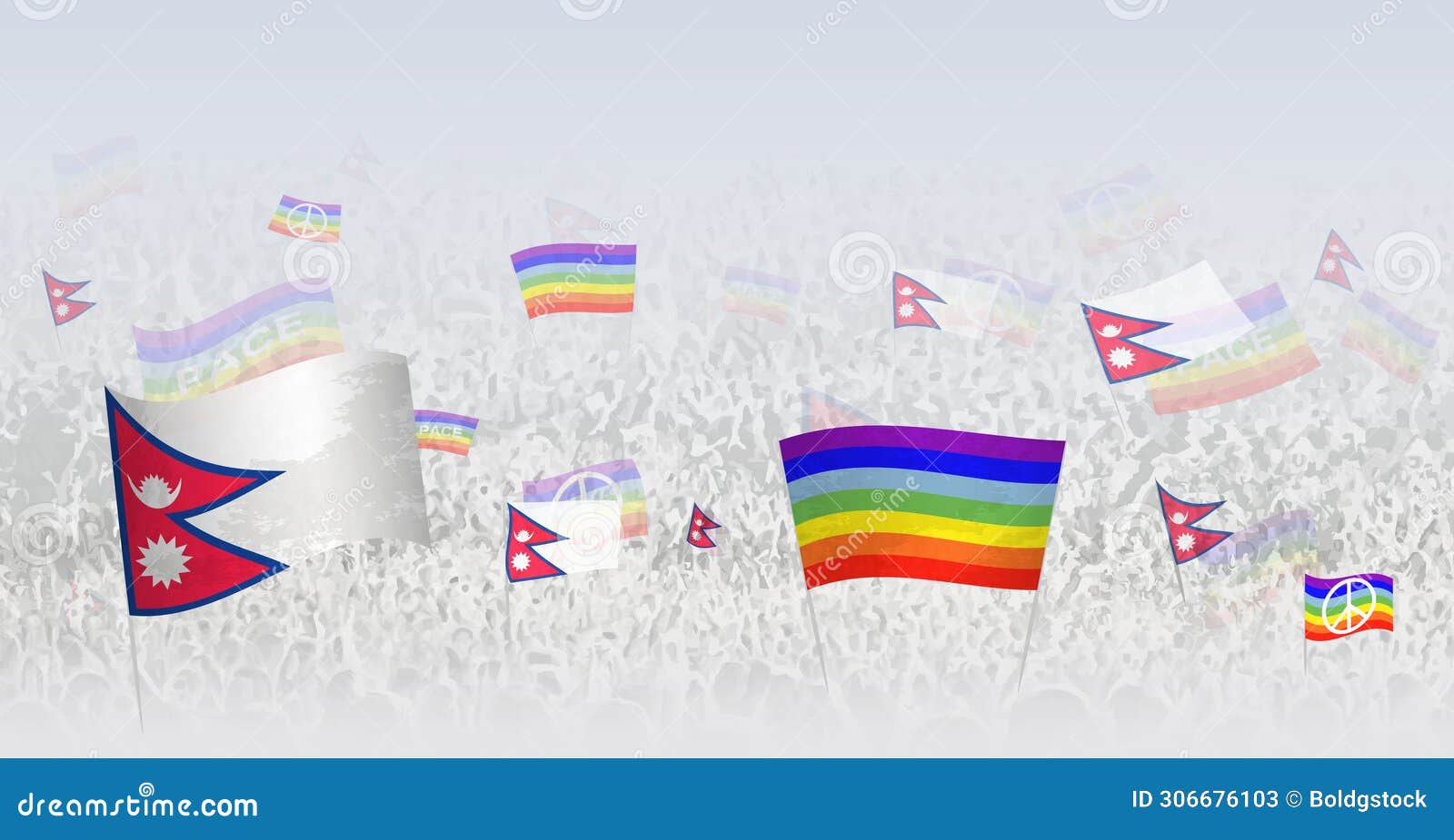 People Waving Peace Flags and Flags of Nepal. Illustration of Throng ...