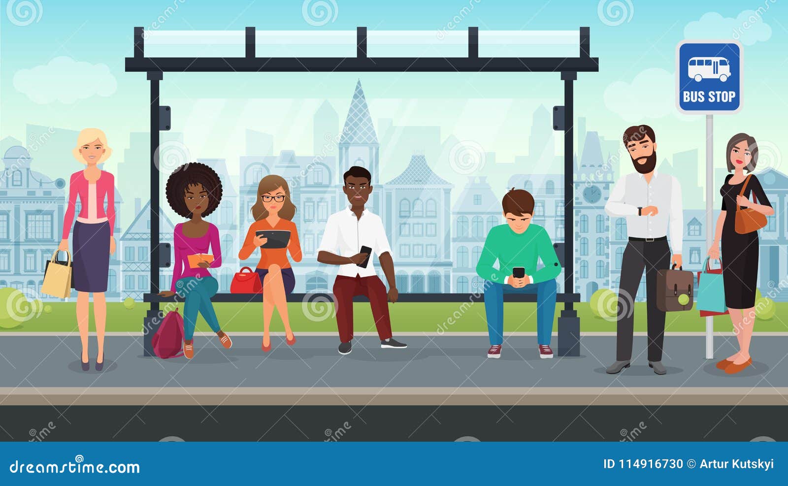 People Were Sitting at the Modern Bus Stop. Vector Illustration. Stock ...