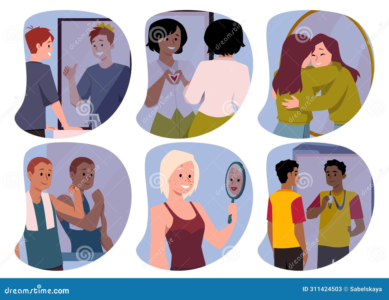 People Who Accept Their Appearance with Mirror, Flat Vector ...