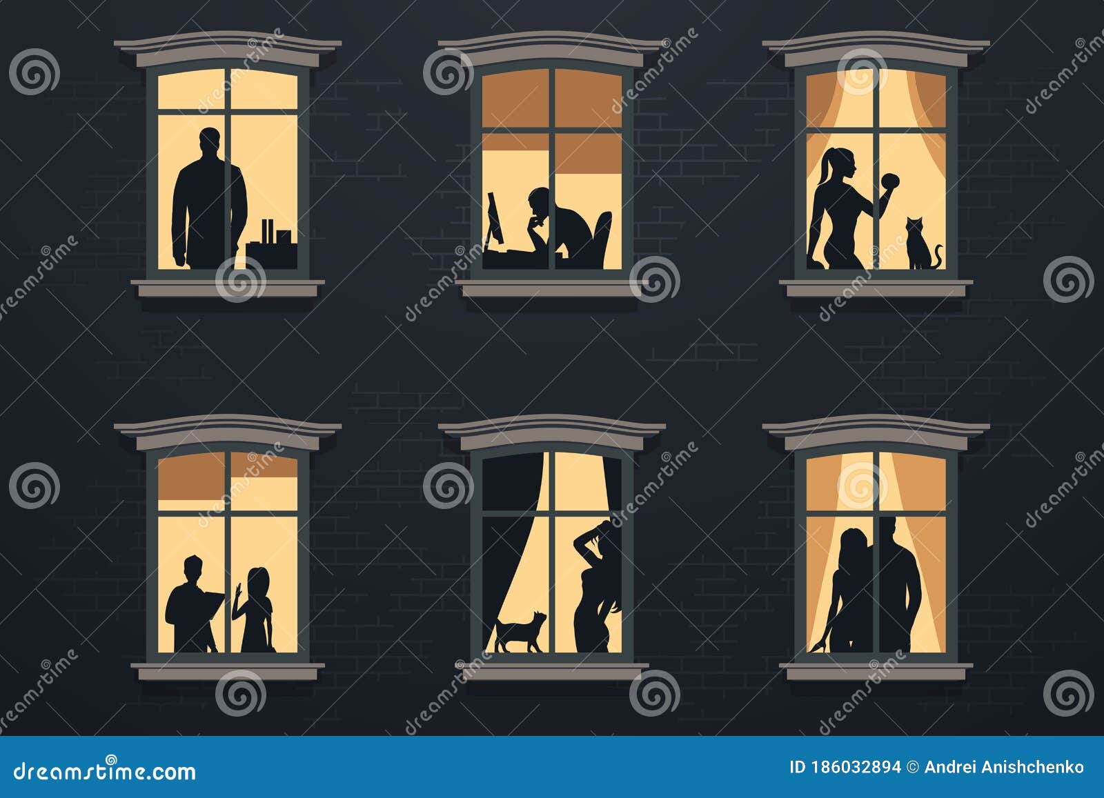 People in windows at night stock vector. Illustration of architecture ...