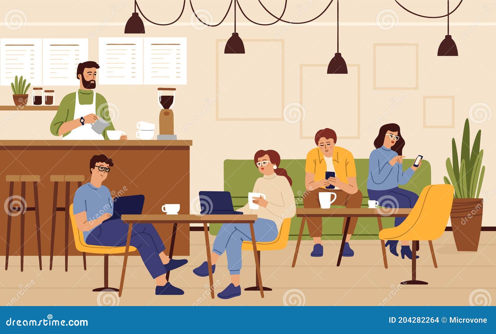 People Work in Cafe. Barista Working, Freelancer Drinking Coffee and ...