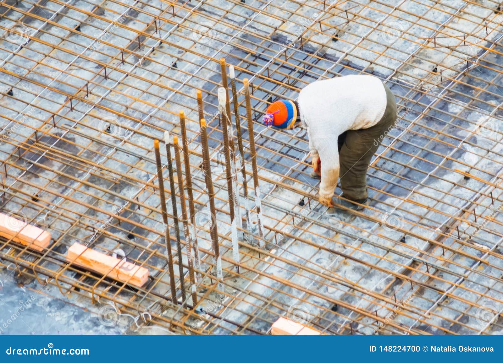 People Work with Reinforcement Carcass Made of Fitness at Construction ...
