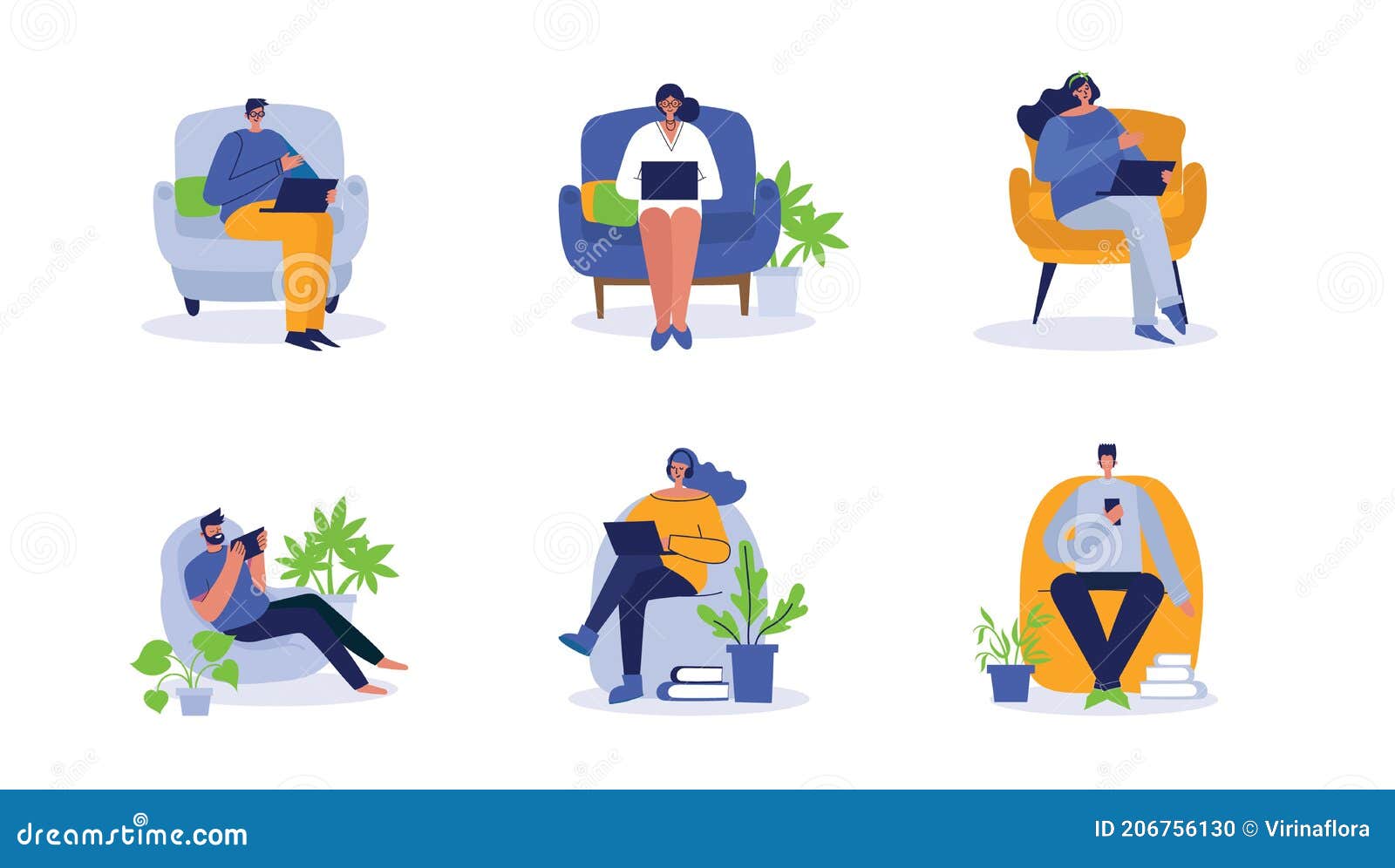 People Working on Computer and Home and in Office Icons Isolated Vector ...