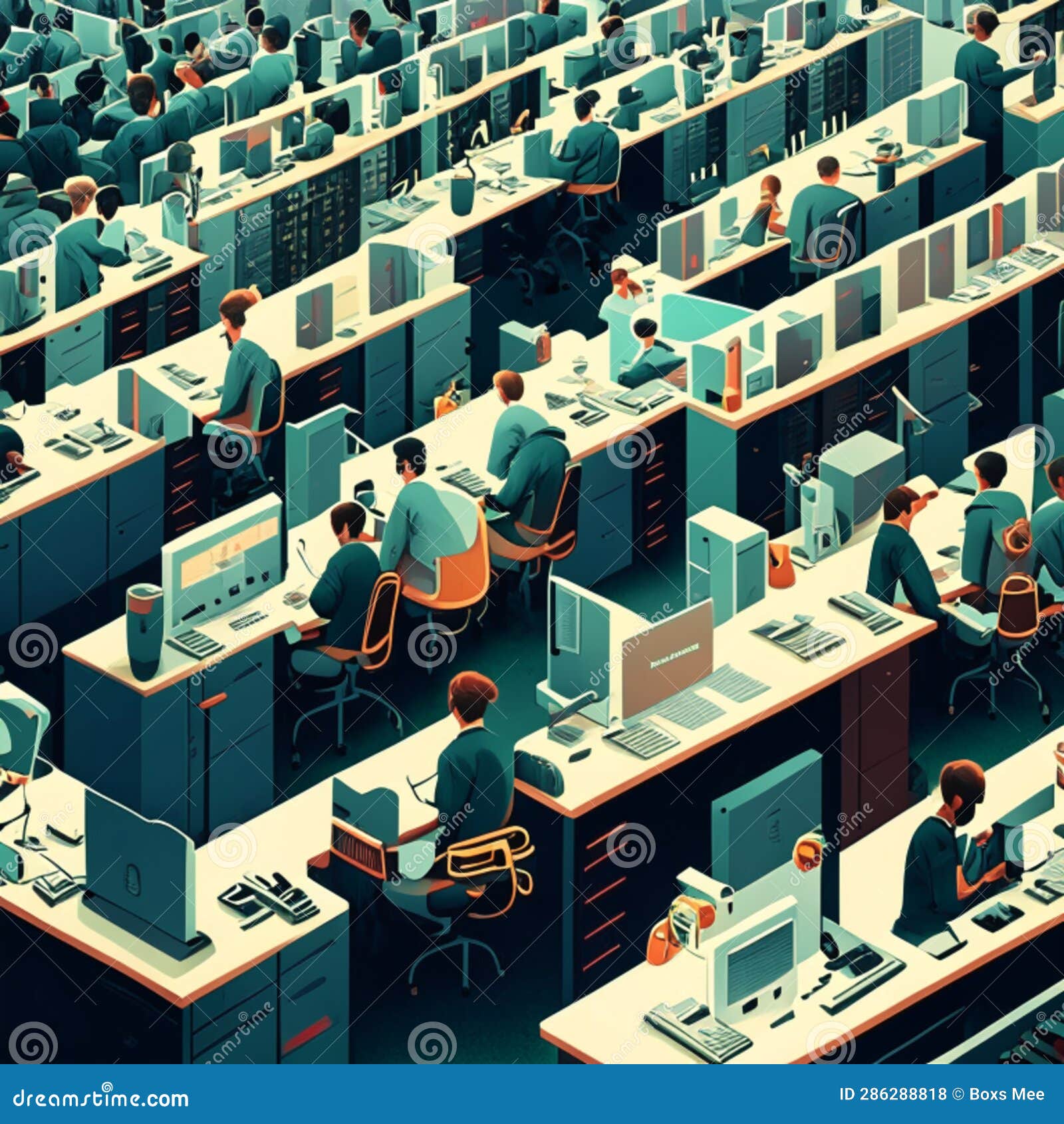 People Working on Computers in a Large Data Center. 3d Rendering AI ...