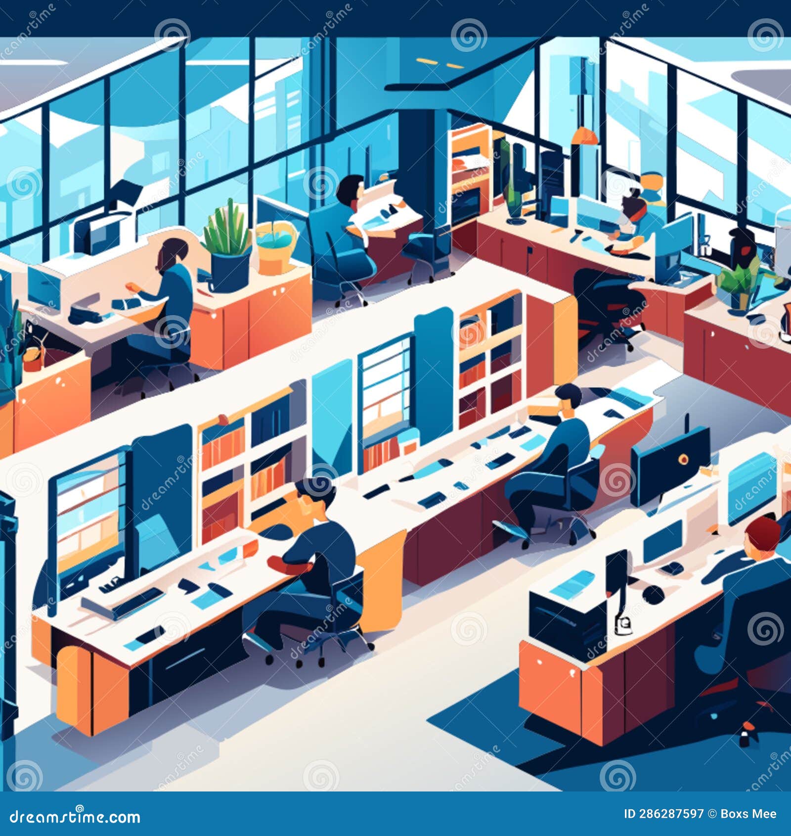 People Working on Computers in Modern Office Interior, Panoramic Banner ...