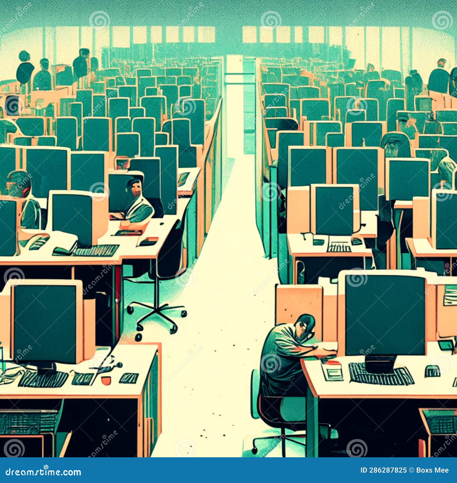 People Working at Computers in Open Space Office. 3d Render ...