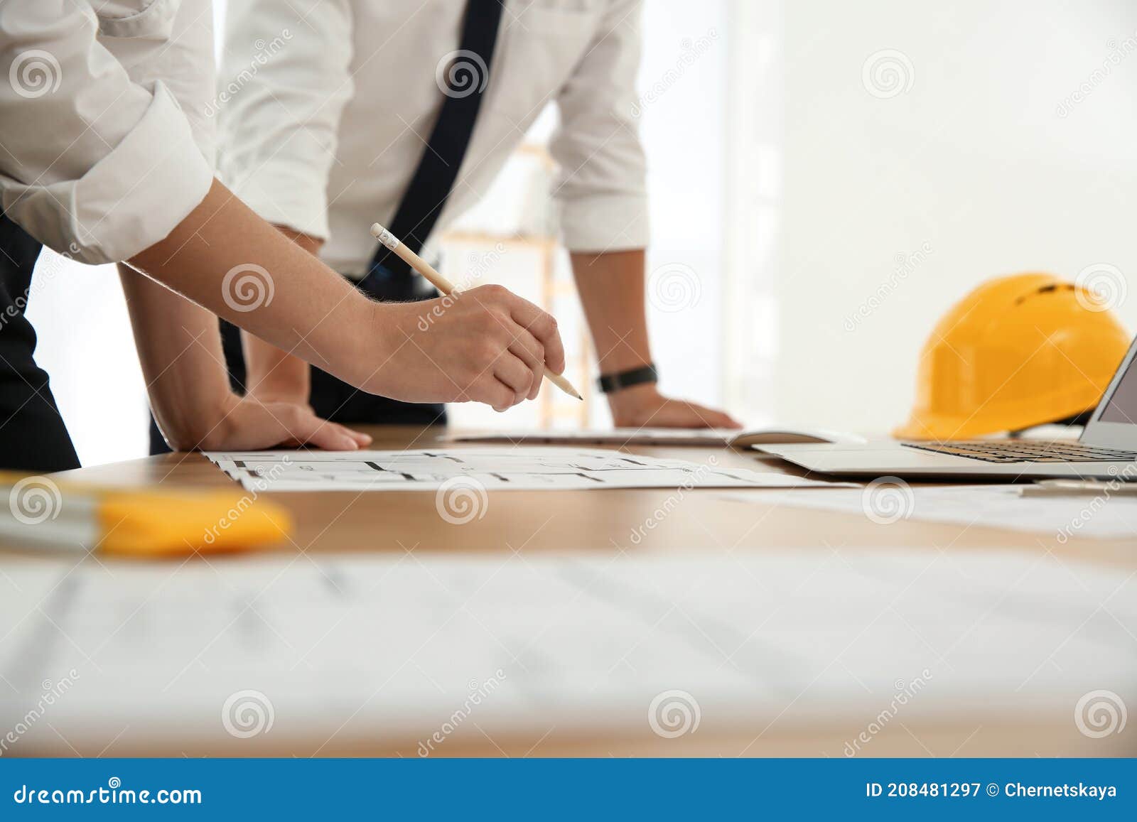 People Working with Construction Drawings at Table, Closeup Stock Image ...