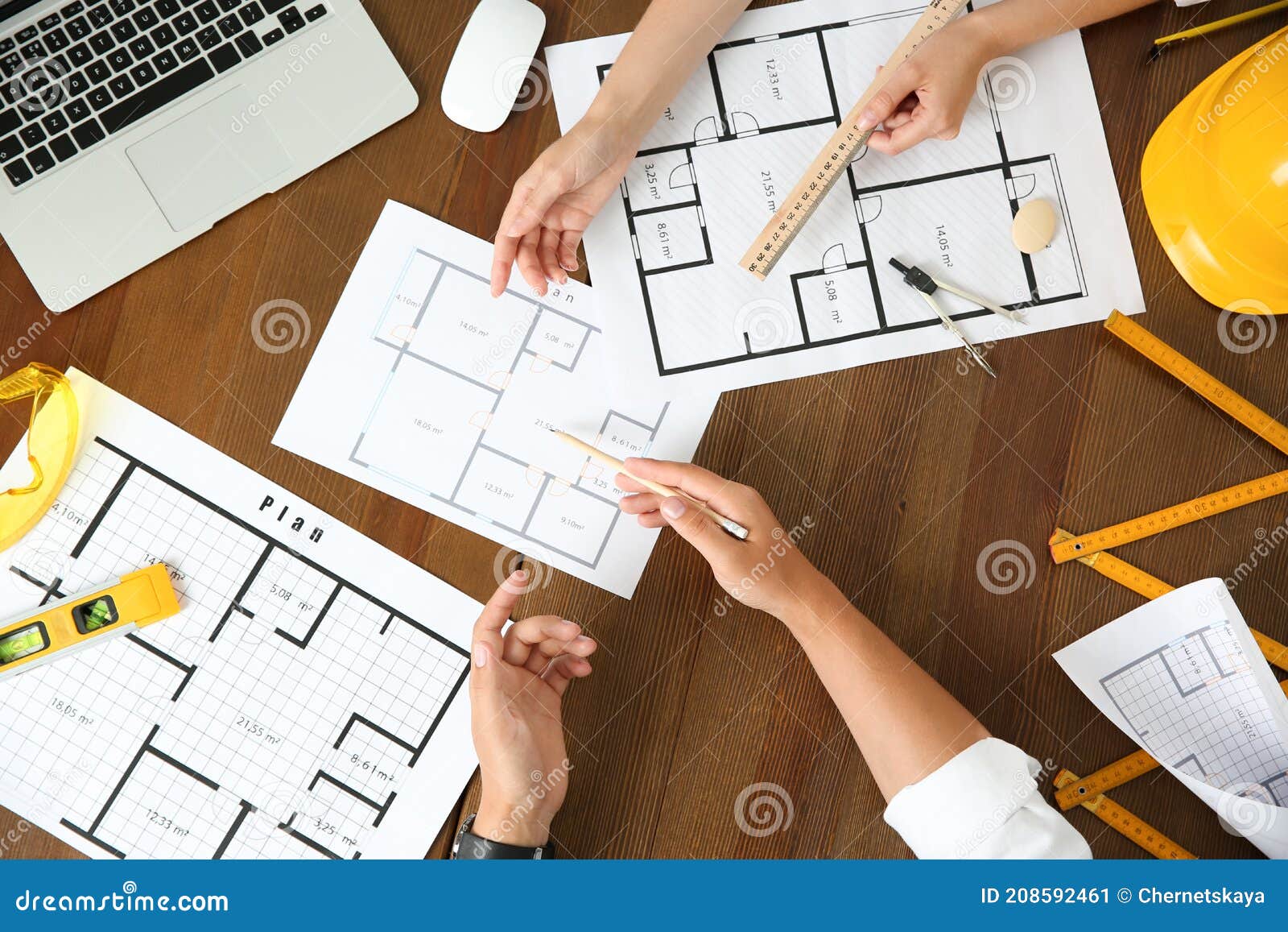 People Working with Construction Drawings and Tools at Wooden Table ...