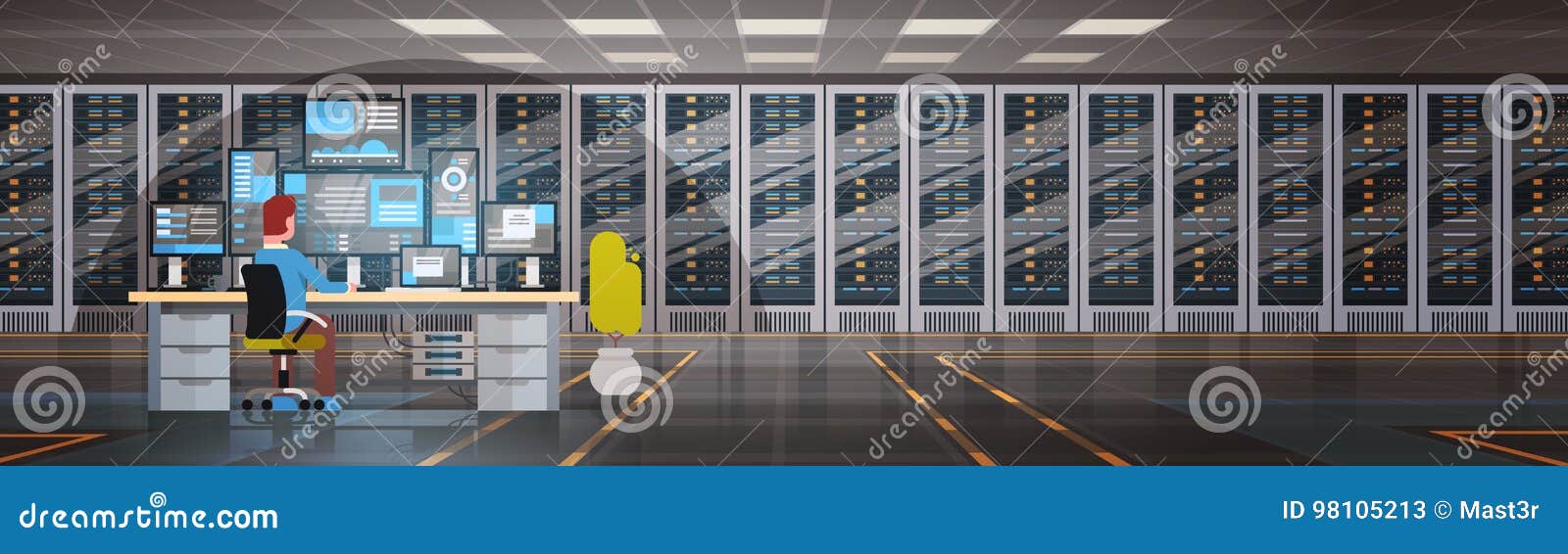 People Working In Data Center Room Hosting Server Computer Monitoring Information Database Stock