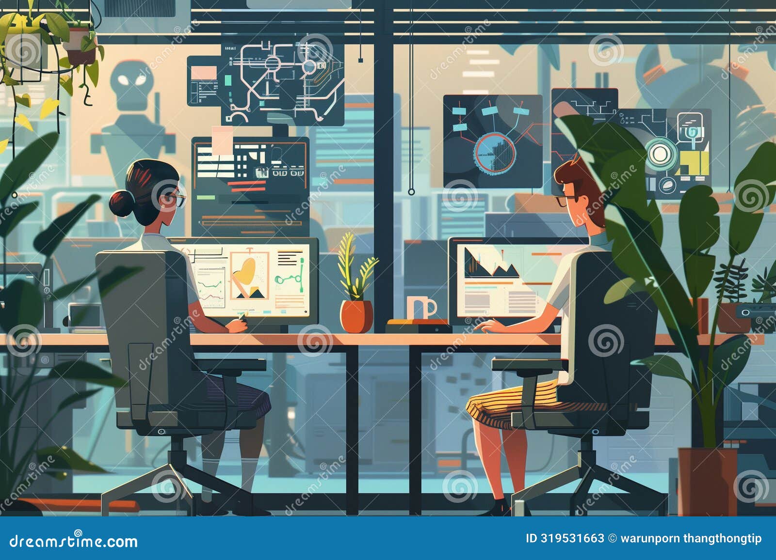 People Working in Futuristic Workplace with Holographic Interfaces and ...