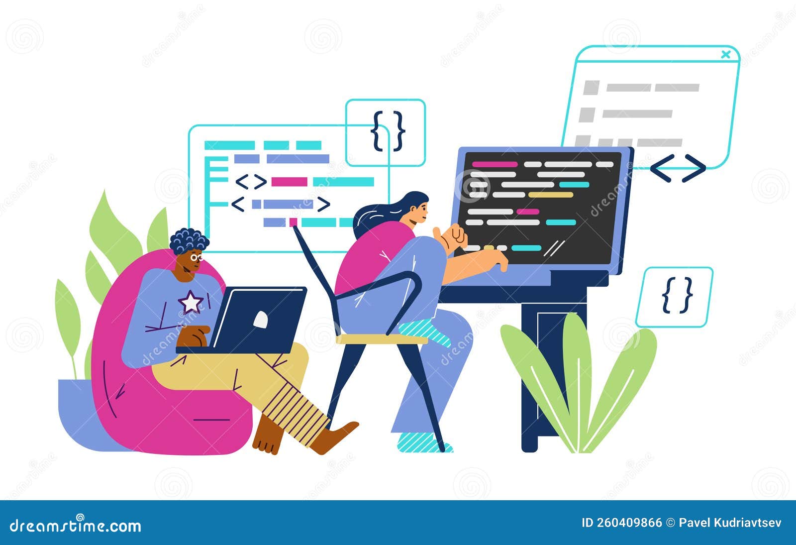 People Working From Home Programmers Developing Software Flat Vector