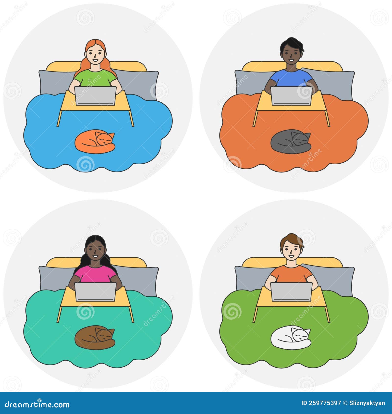 People Working on Laptop in Bed Line Icon Set Stock Vector ...