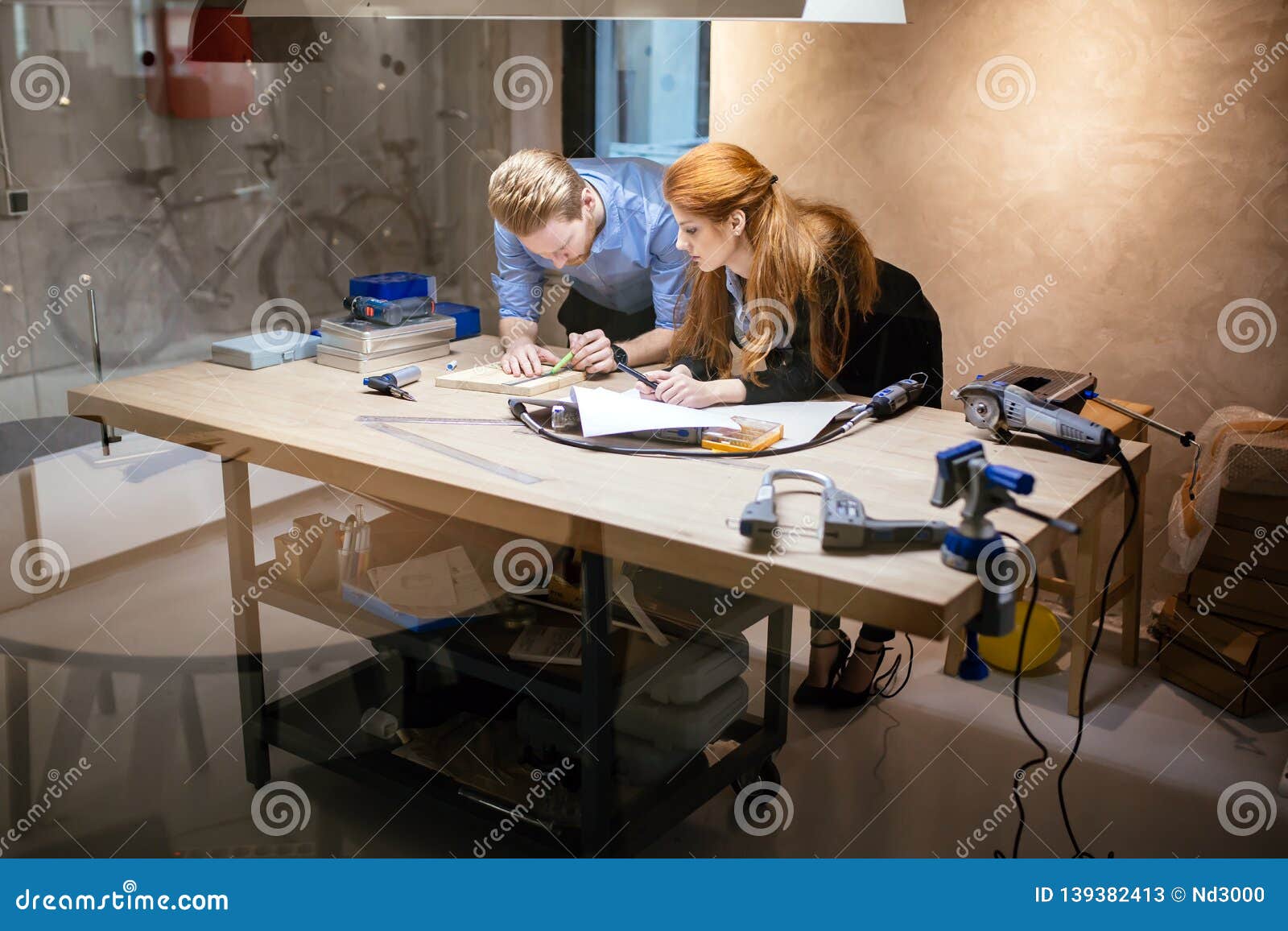 People Working in Modern Beautiful Workshop Stock Image - Image of desk ...
