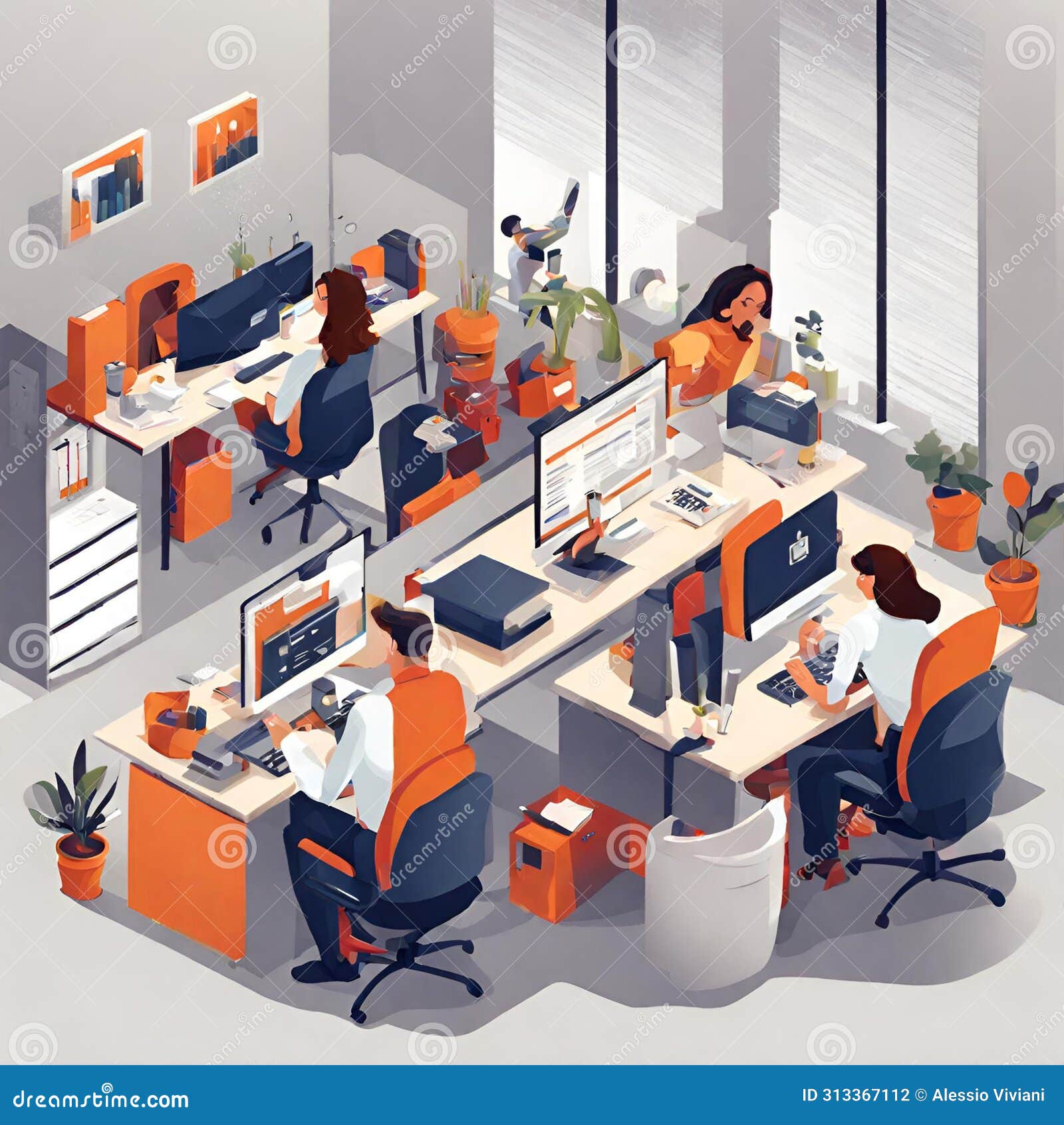 Illustration of People Working in the Office with a Computer Stock ...