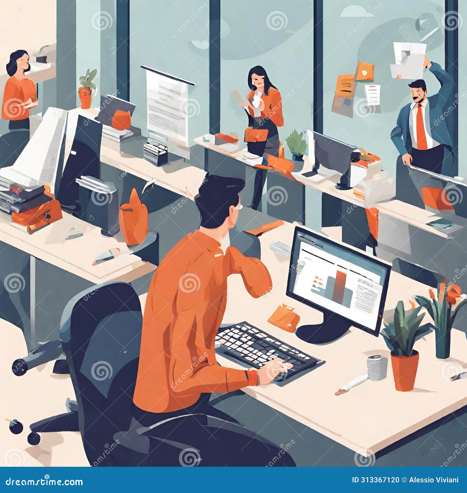Illustration of People Working in the Office with a Computer Stock ...