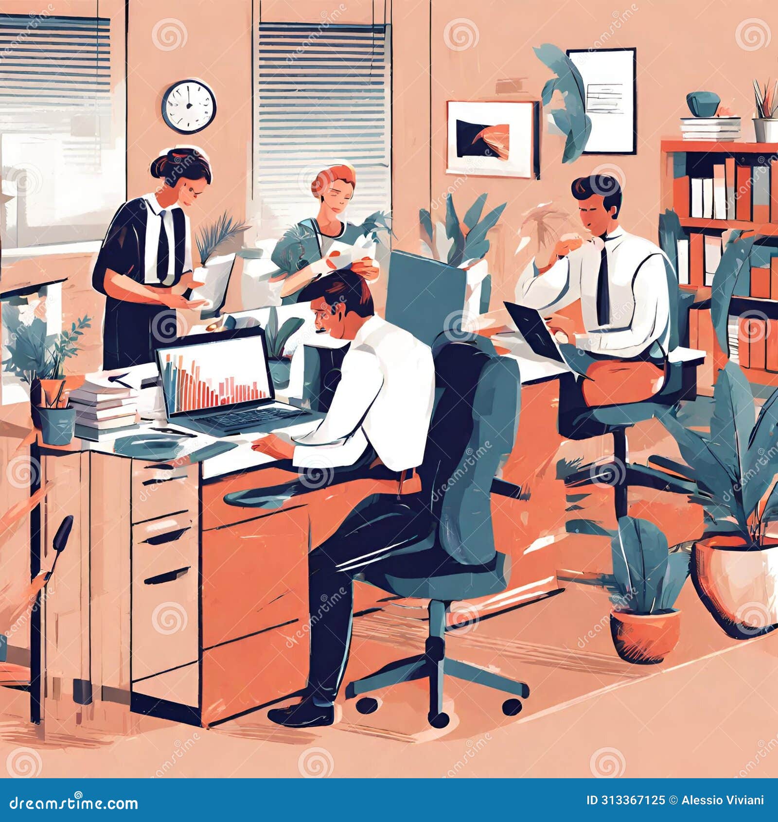 Illustration of People Working in the Office with a Computer Stock ...