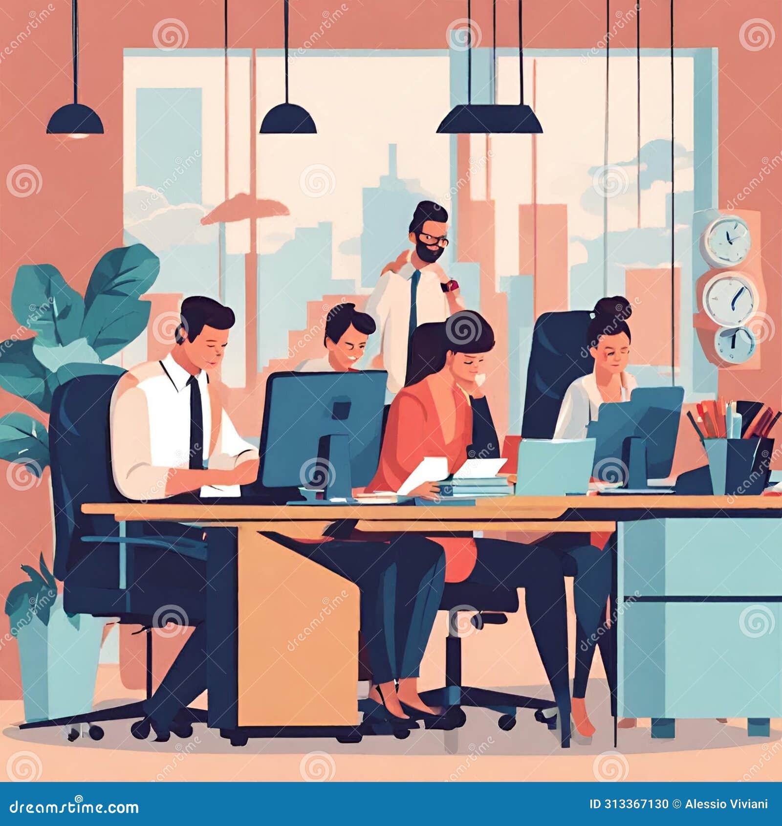 Illustration of People Working in the Office with a Computer Stock ...