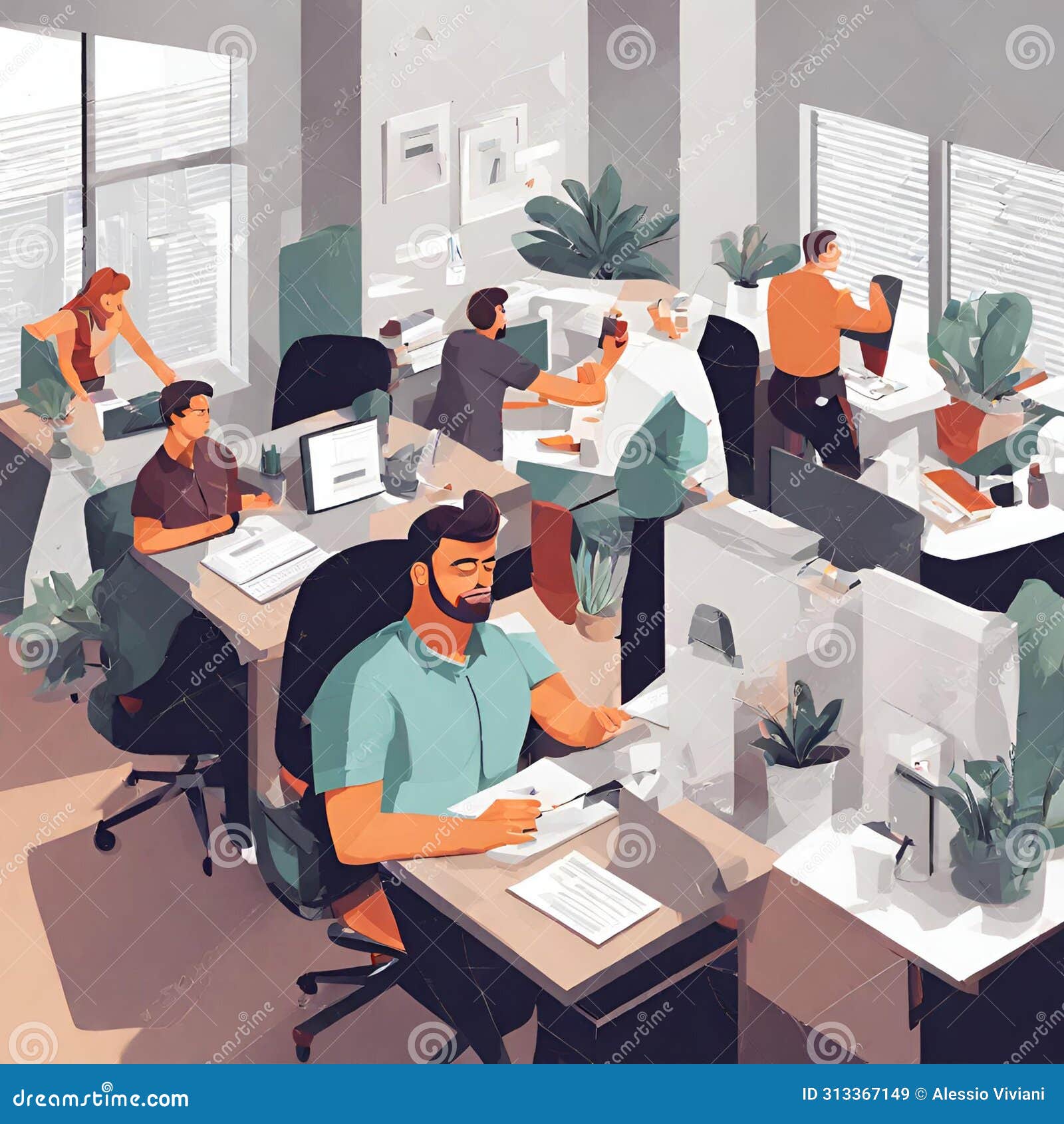 Illustration of People Working in the Office with a Computer Stock ...