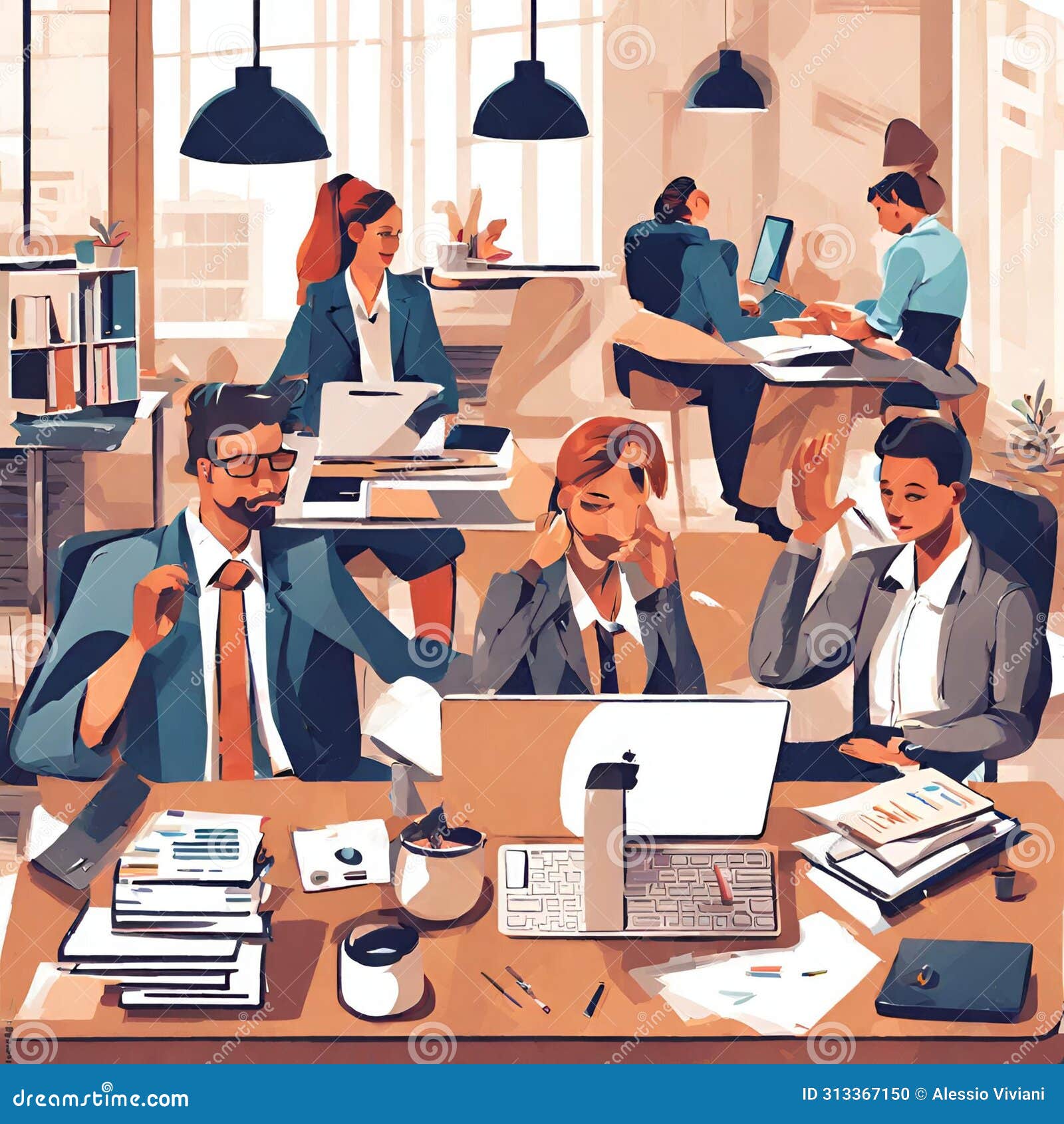 Illustration of People Working in the Office with a Computer Stock ...