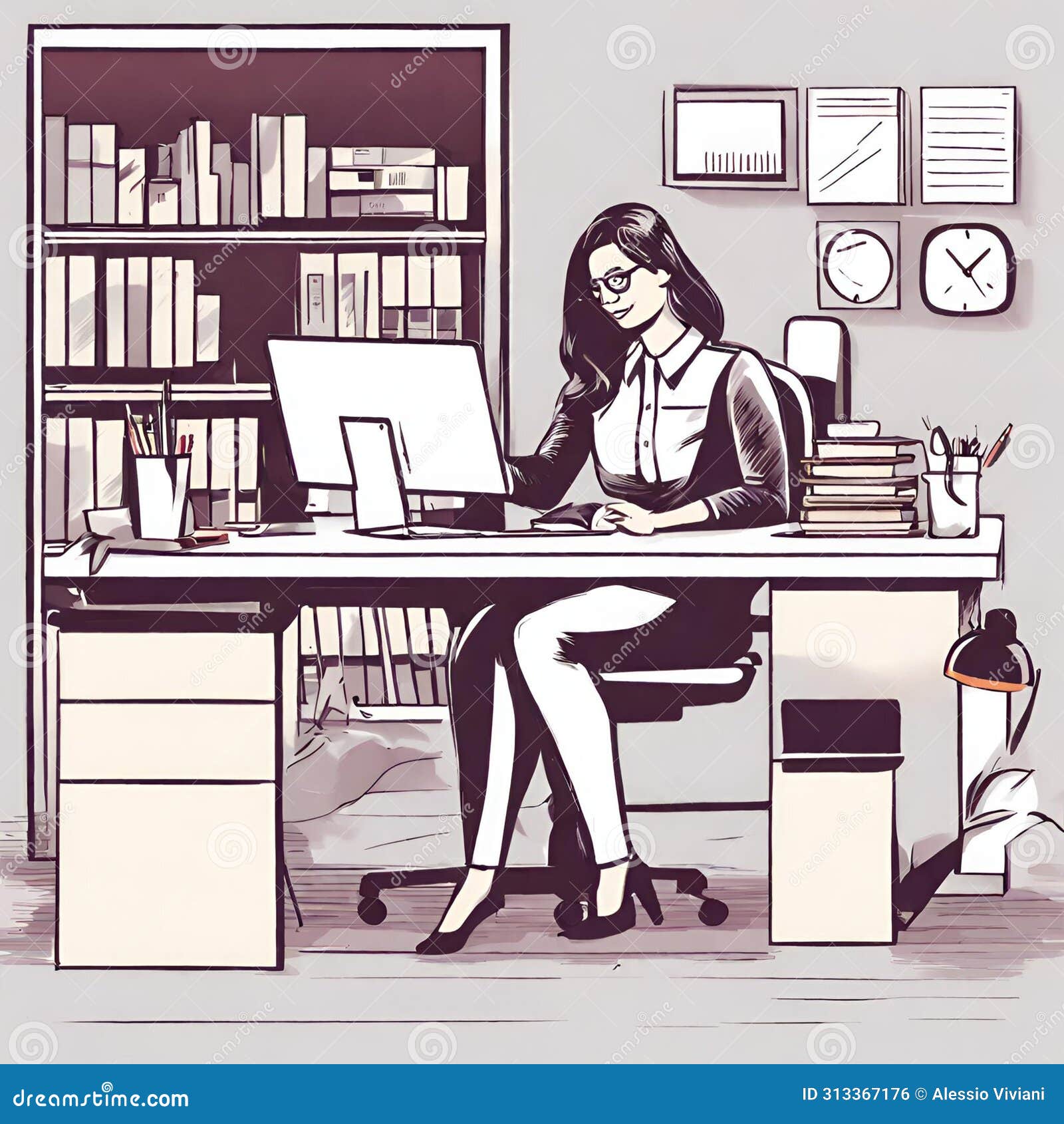 Illustration of People Working in the Office with a Computer Stock ...